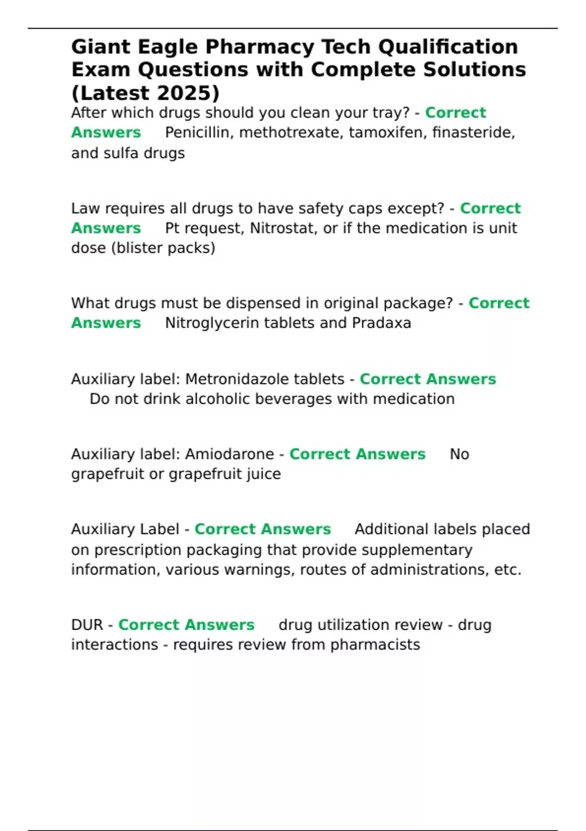Giant Eagle Pharmacy Tech Qualification Exam Questions with Complete ...