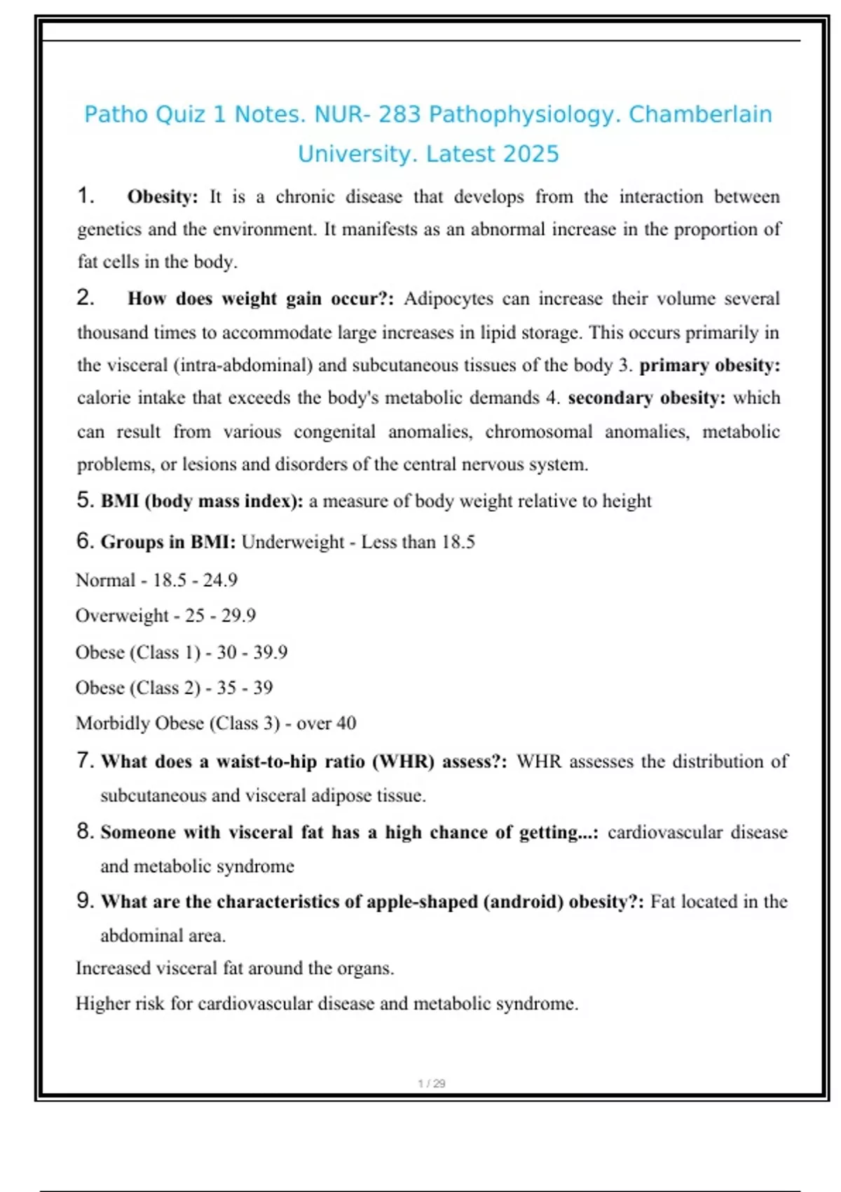 Patho Quiz 1 Notes. NUR- 283 Pathophysiology. Chamberlain University ...