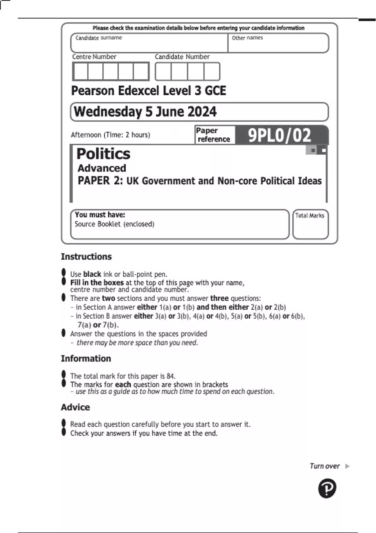 2024 Pearson Edexcel GCE In Politics (9PL0) Paper 2: UK Government and ...