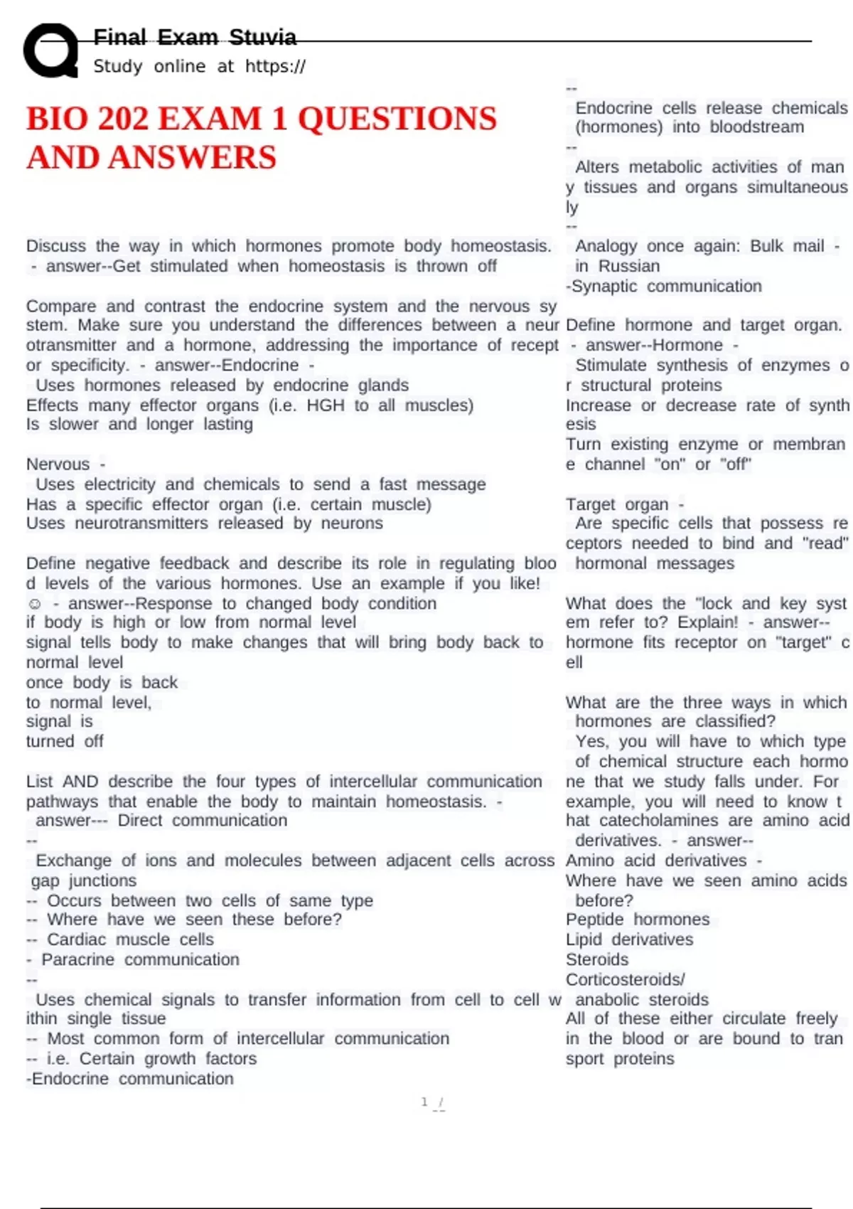 BIO 202 EXAM 1 QUESTIONS AND ANSWERS - BIO 202 - Stuvia US