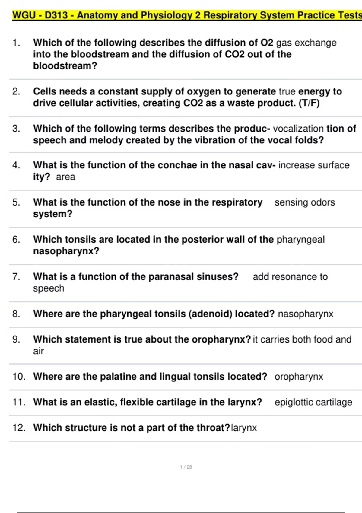 WGU - D313 - Anatomy and Physiology 2 Respiratory System Practice Test ...