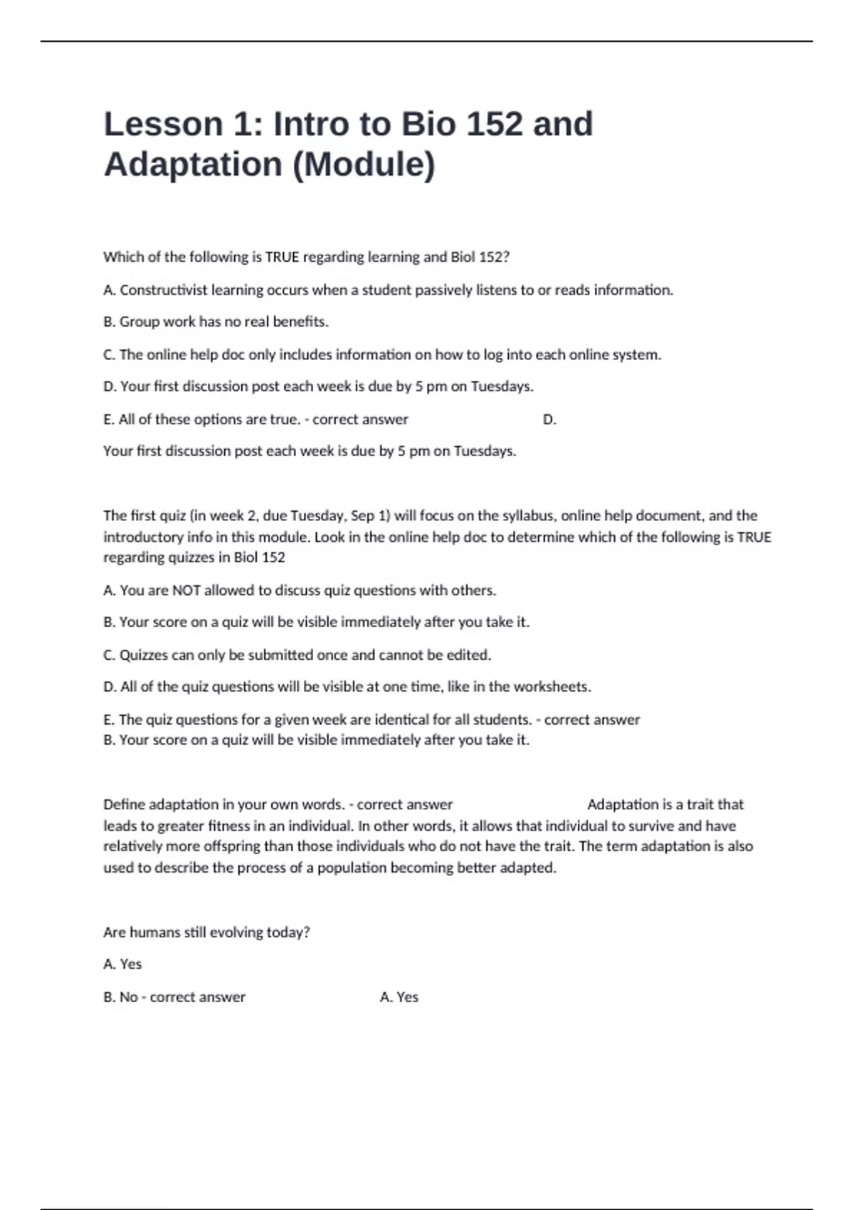 Lesson 1: Intro to Bio 152 and Adaptation (Module) Certification Review ...