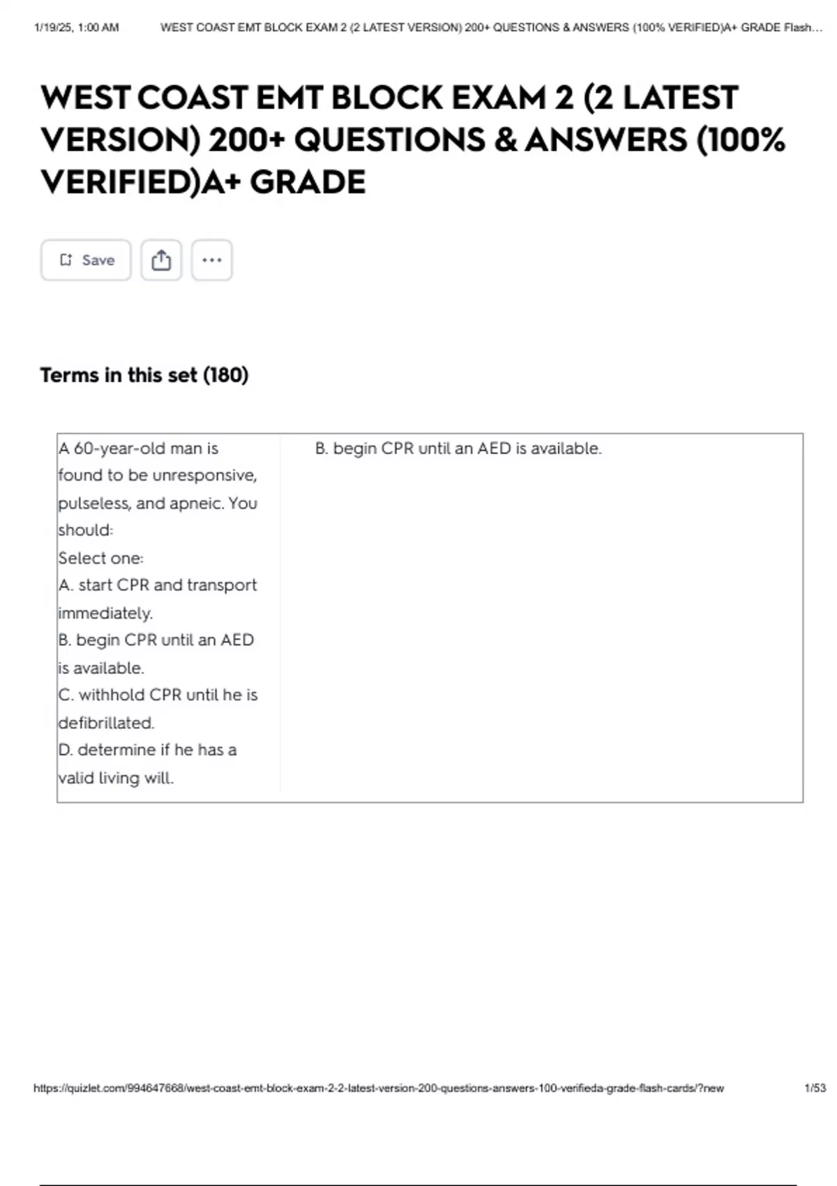 WEST COAST EMT BLOCK EXAM 2 (2 LATEST VERSION) 200+ QUESTIONS & ANSWERS ...