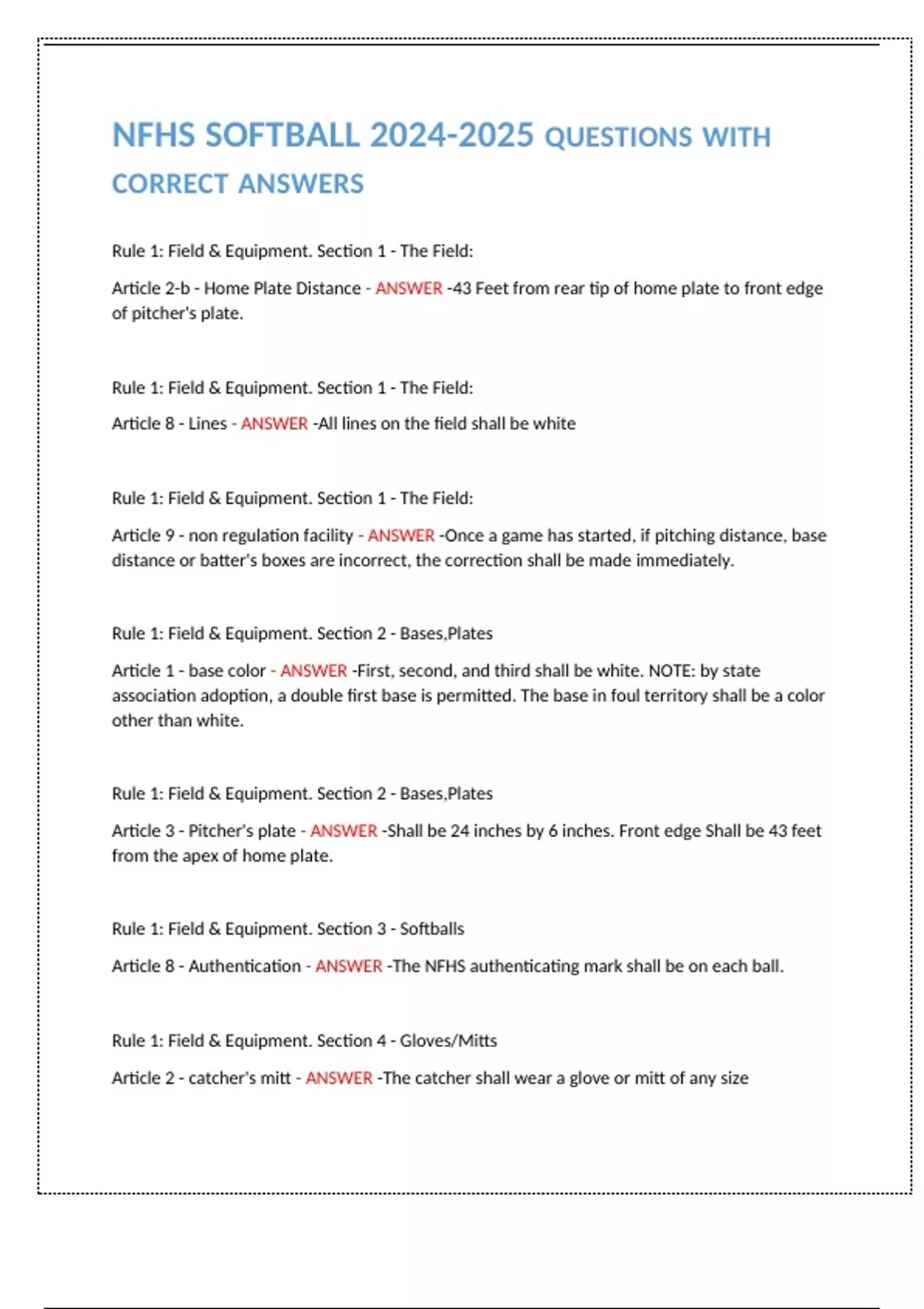 NFHS SOFTBALL QUESTIONS WITH CORRECT ANSWERS - NFHS SOFTBALL - Stuvia US