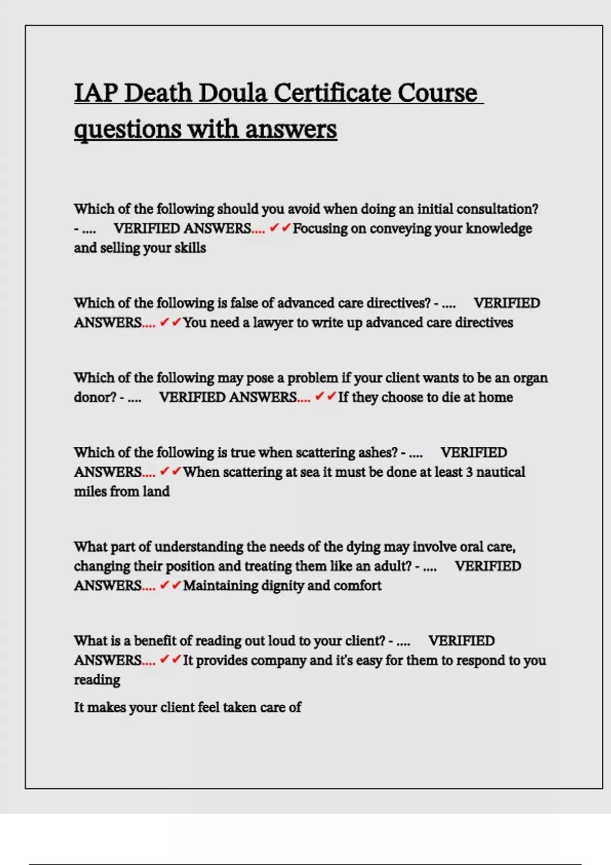 IAP Death Doula Certificate Course questions with answers - Doula ...