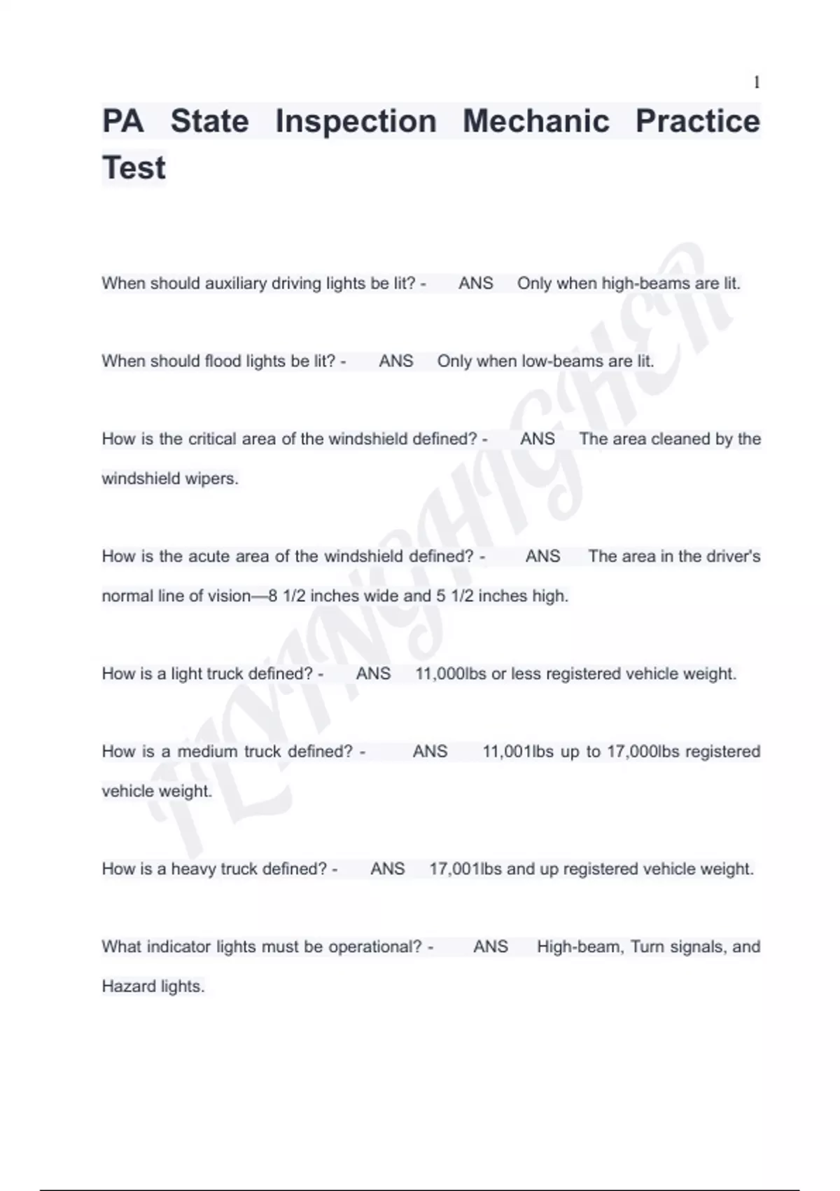 PA State Inspection Mechanic Practice Test QUESTIONS & ANSWERS 2025 ...