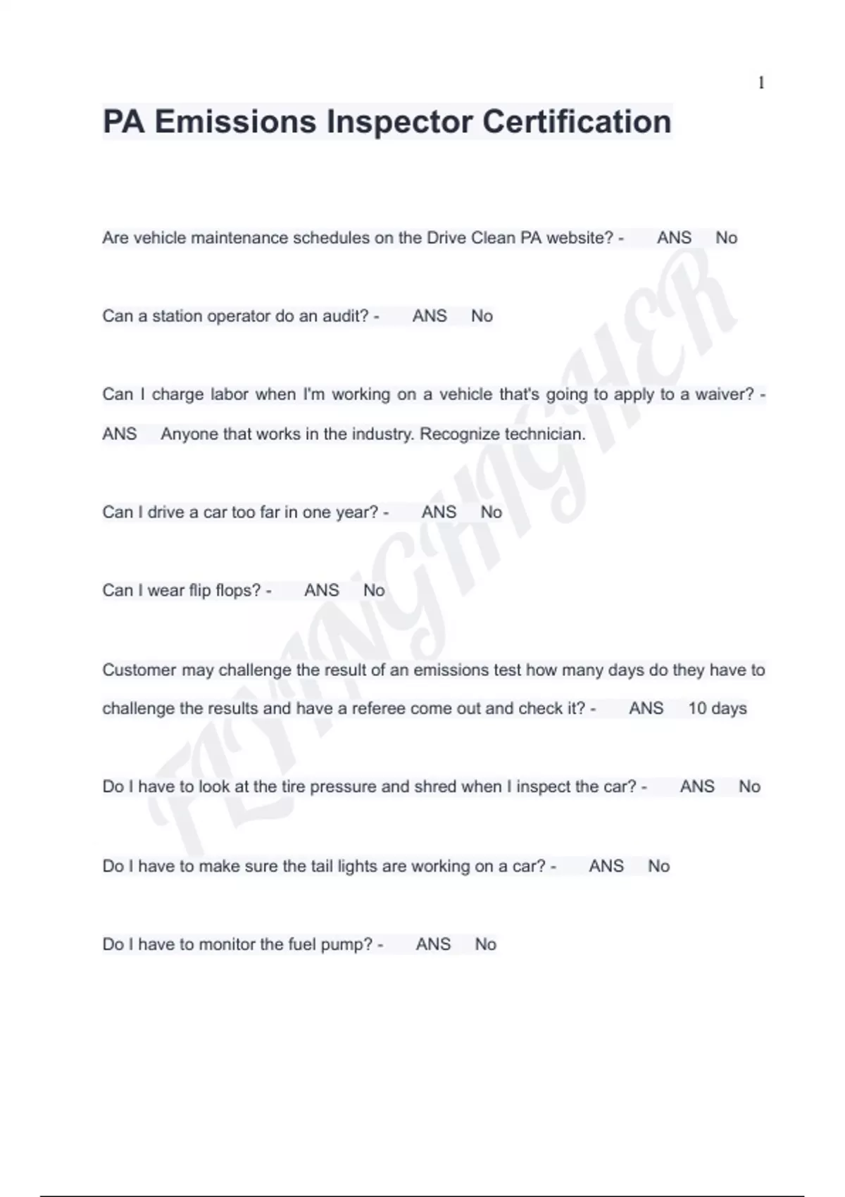 PA Emissions Inspector Certification QUESTIONS & ANSWERS 2025 ( A+ ...