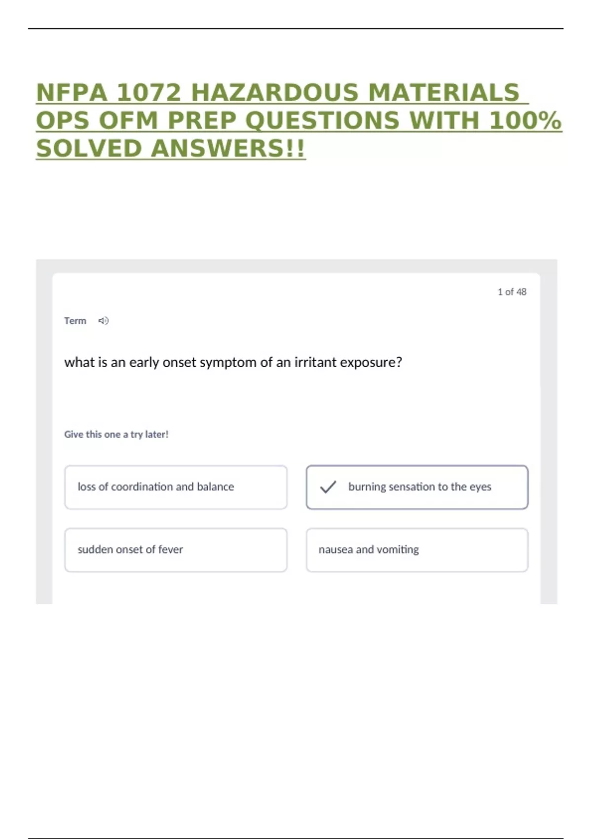 NFPA 1072 HAZARDOUS MATERIALS OPS OFM PREP QUESTIONS WITH 100% SOLVED ...