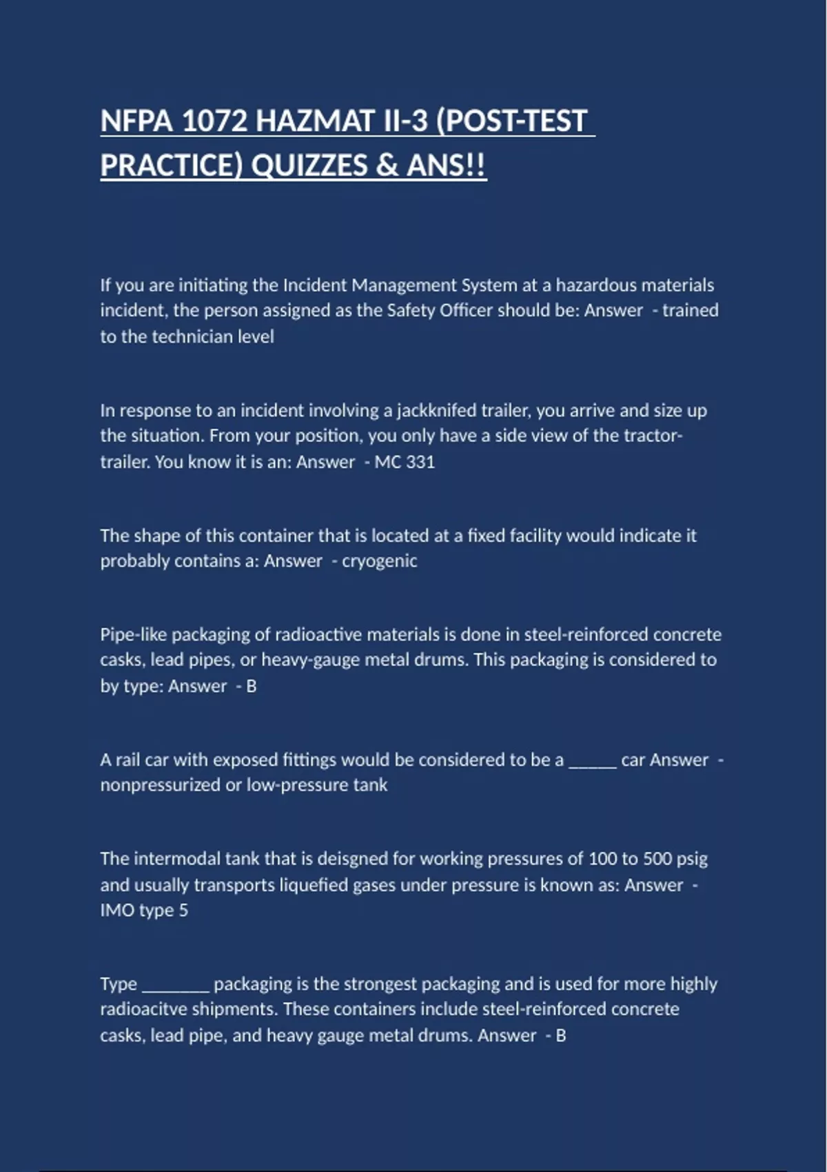 NFPA 1072 HAZMAT II-3 (POST-TEST PRACTICE) QUIZZES & ANS!! - NFPA 1072 ...