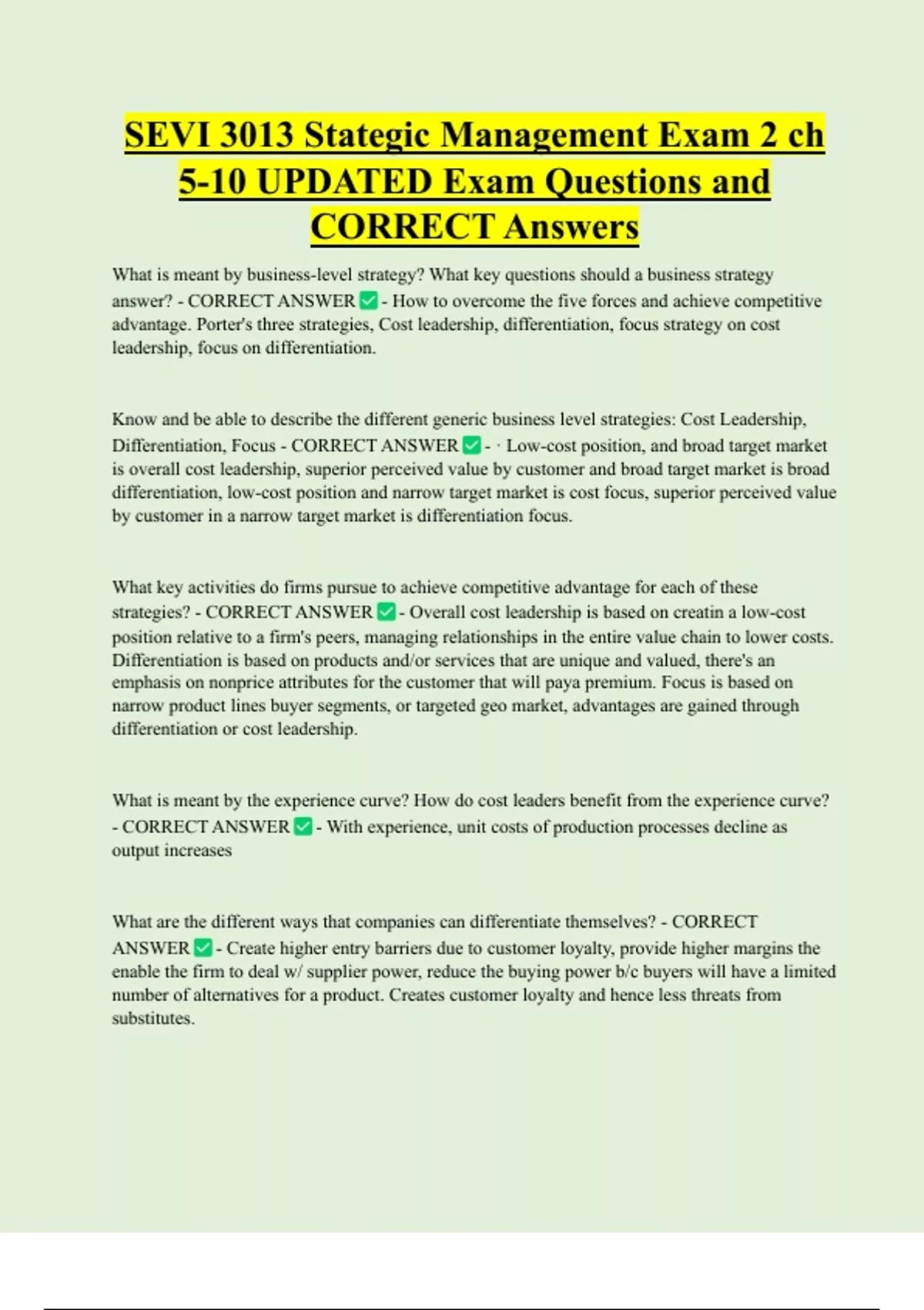 SEVI 3013 Stategic Management Exam 2 ch 5-10 UPDATED Exam Questions and ...