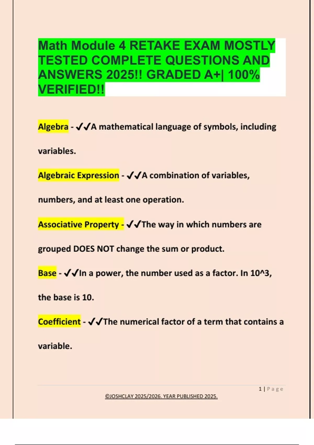 Math Module 4 RETAKE EXAM MOSTLY TESTED COMPLETE QUESTIONS AND ANSWERS ...