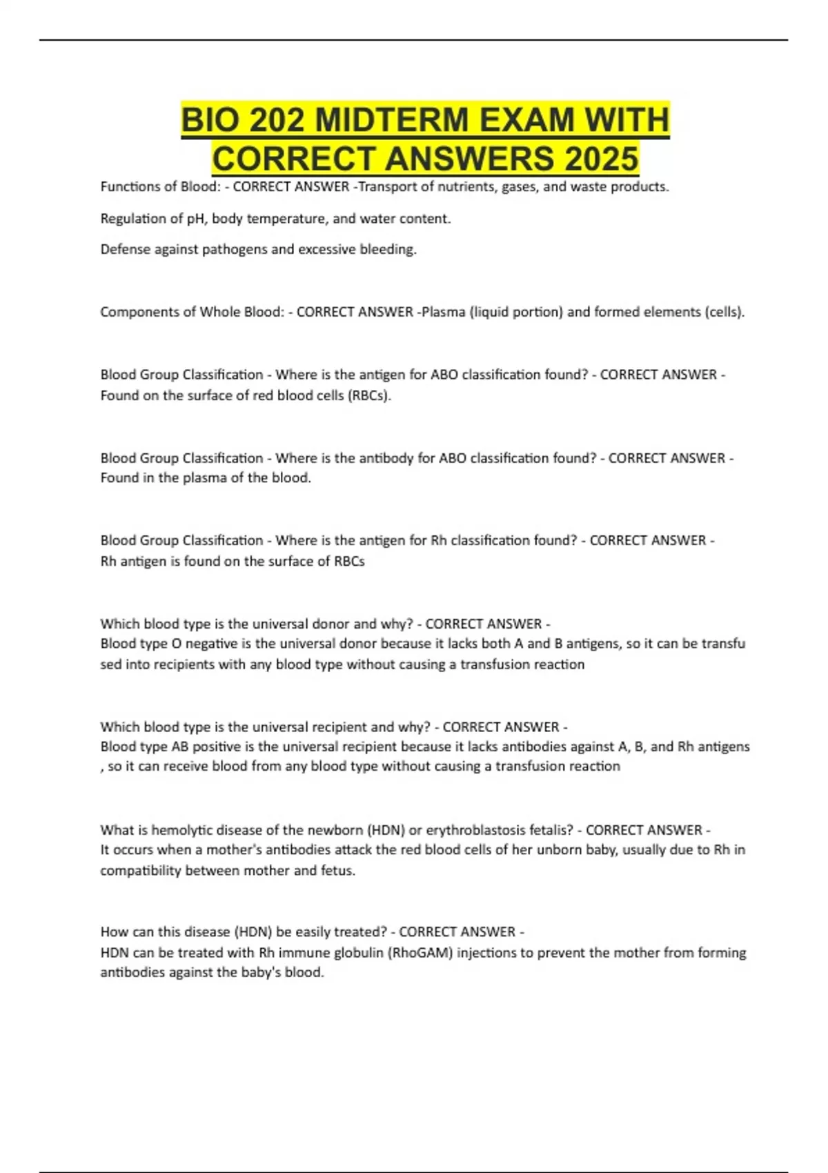 BIO 202 MIDTERM EXAM WITH CORRECT ANSWERS 2025 - BIO 202 - Stuvia US