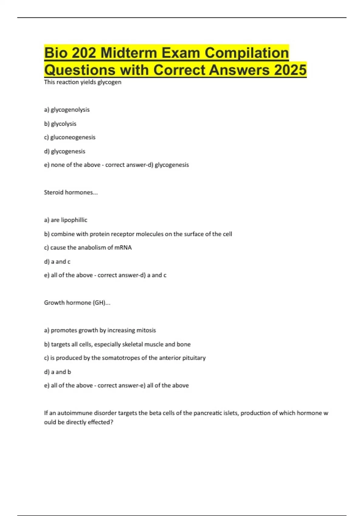 Bio 202 Midterm Exam Compilation Questions with Correct Answers 2025 ...