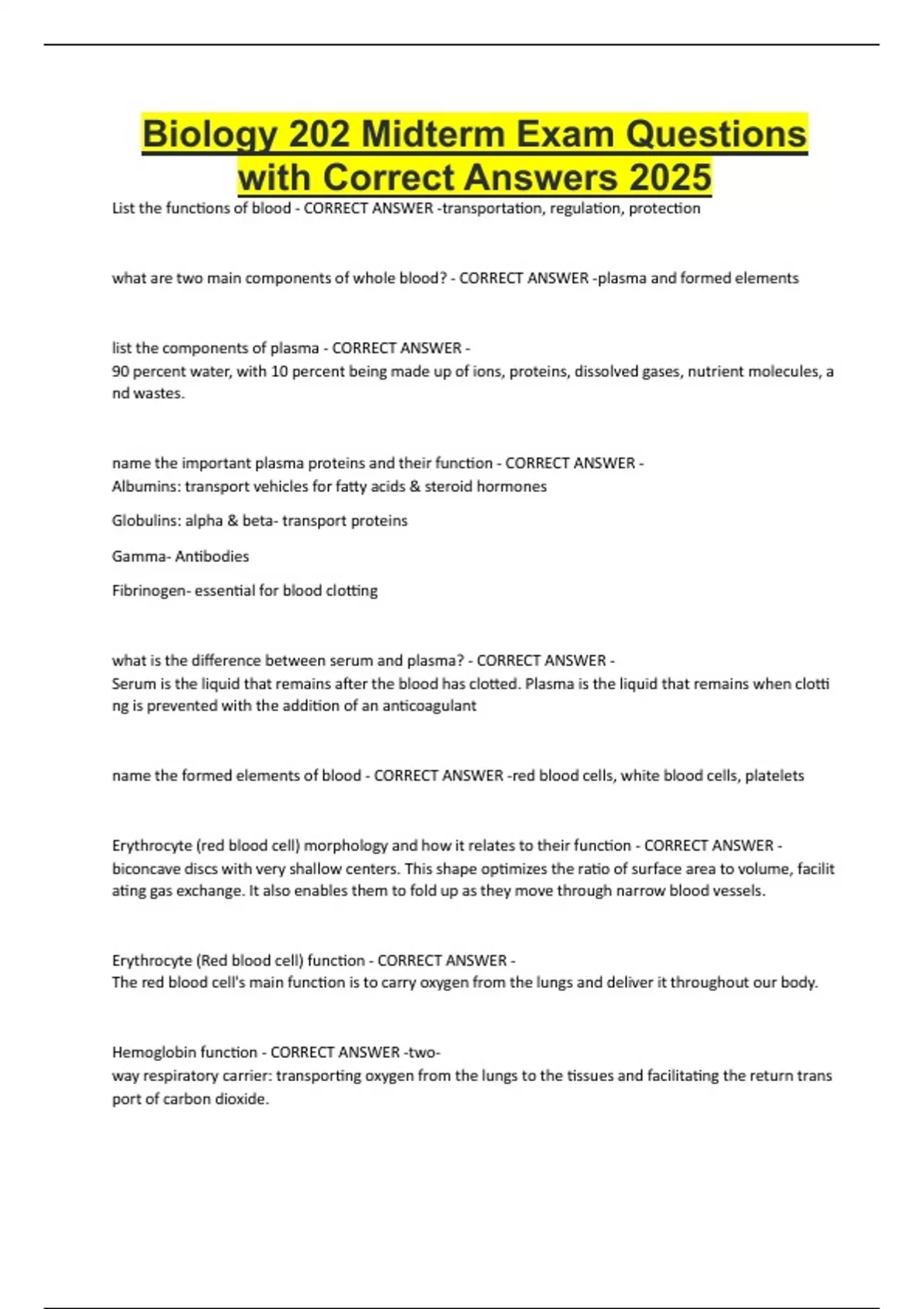 Biology 202 Midterm Exam Questions with Correct Answers 2025 - BIO 202 ...