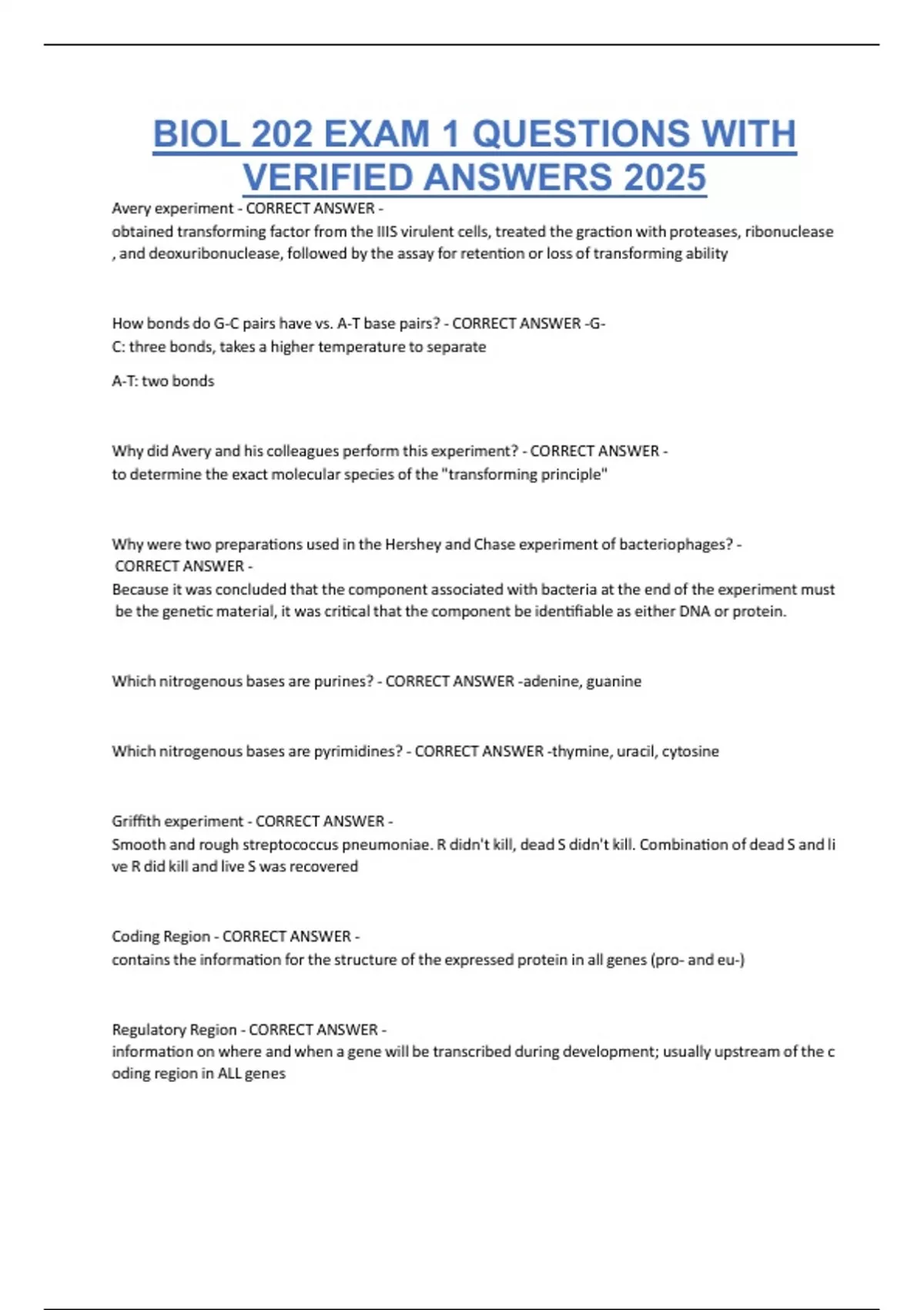 BIOL 202 EXAM 1 QUESTIONS WITH VERIFIED ANSWERS 2025 - BIO 202 - Stuvia US