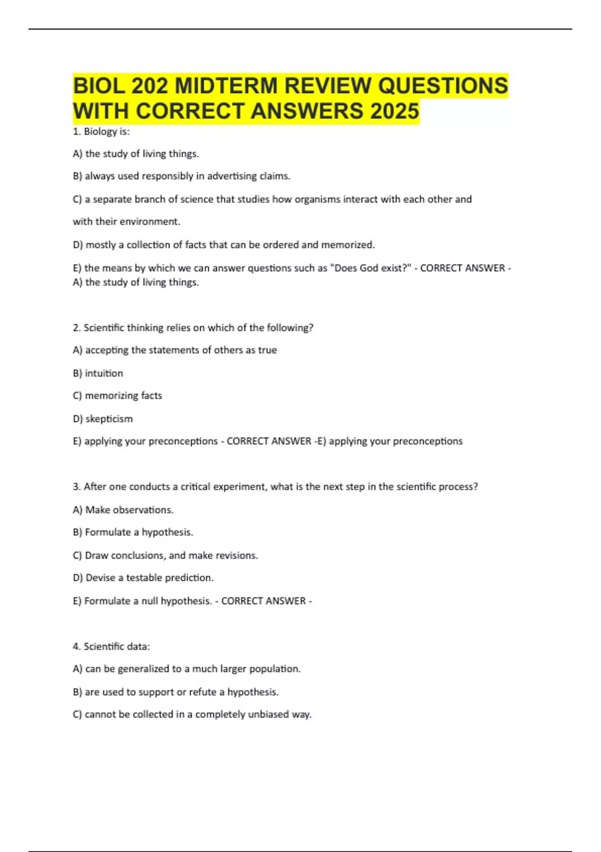 BIOL 202 MIDTERM REVIEW QUESTIONS WITH CORRECT ANSWERS 2025 - BIO 202 - Stuvia US