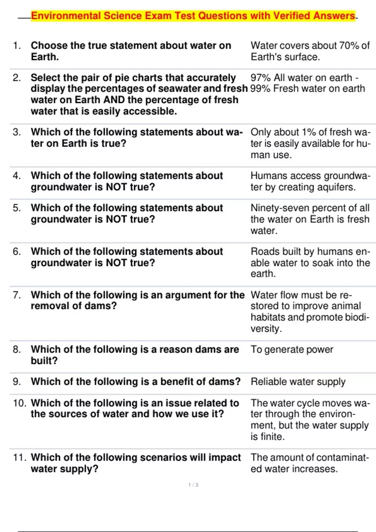 Environmental Science Exam Test Questions with Verified Answers ...