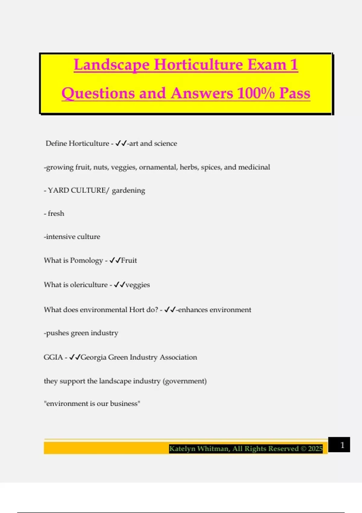 Landscape Horticulture Exam 1 Questions and Answers 100% Pass ...