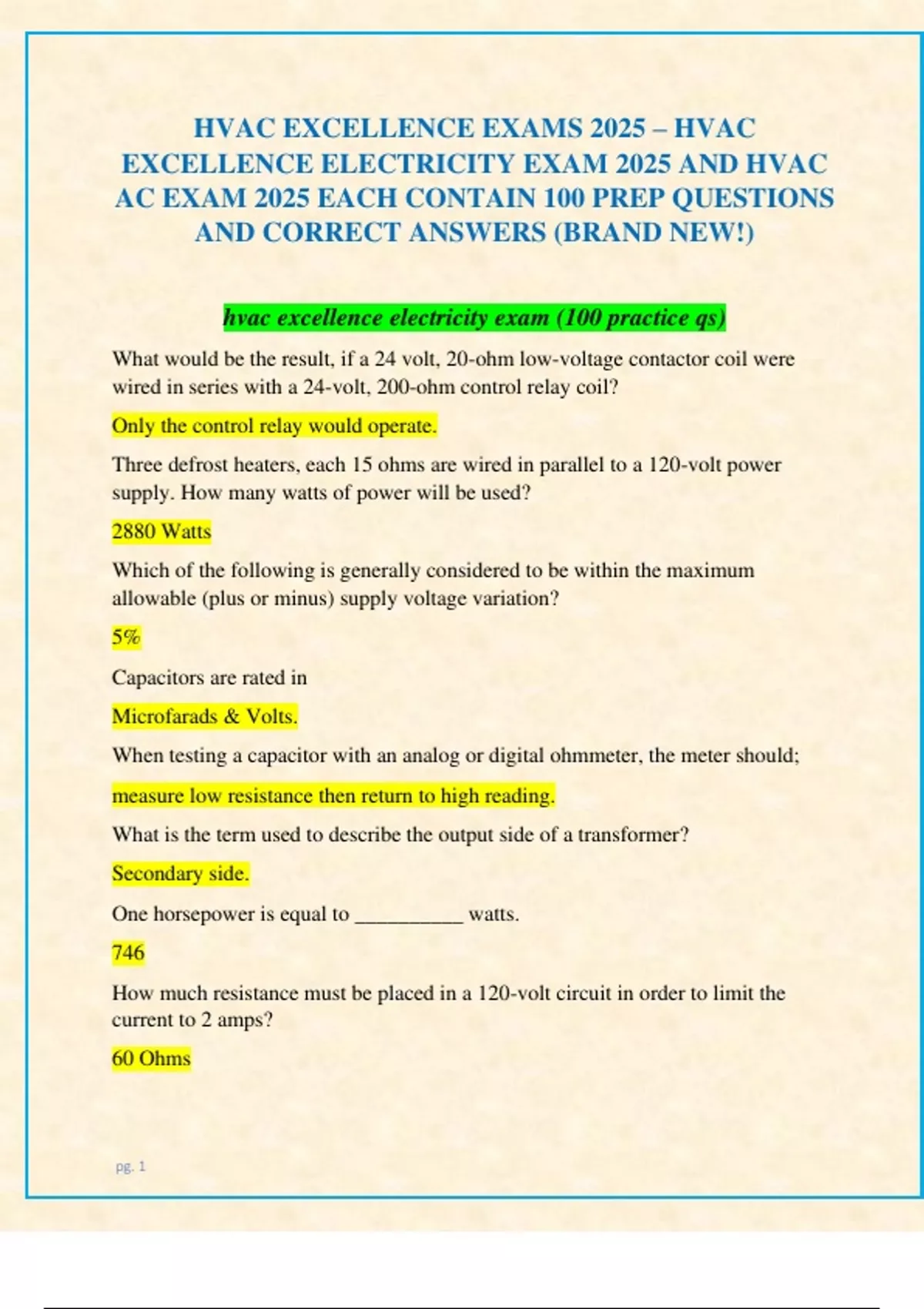 HVAC EXCELLENCE EXAMS 2025 – HVAC EXCELLENCE ELECTRICITY EXAM 2025 AND ...
