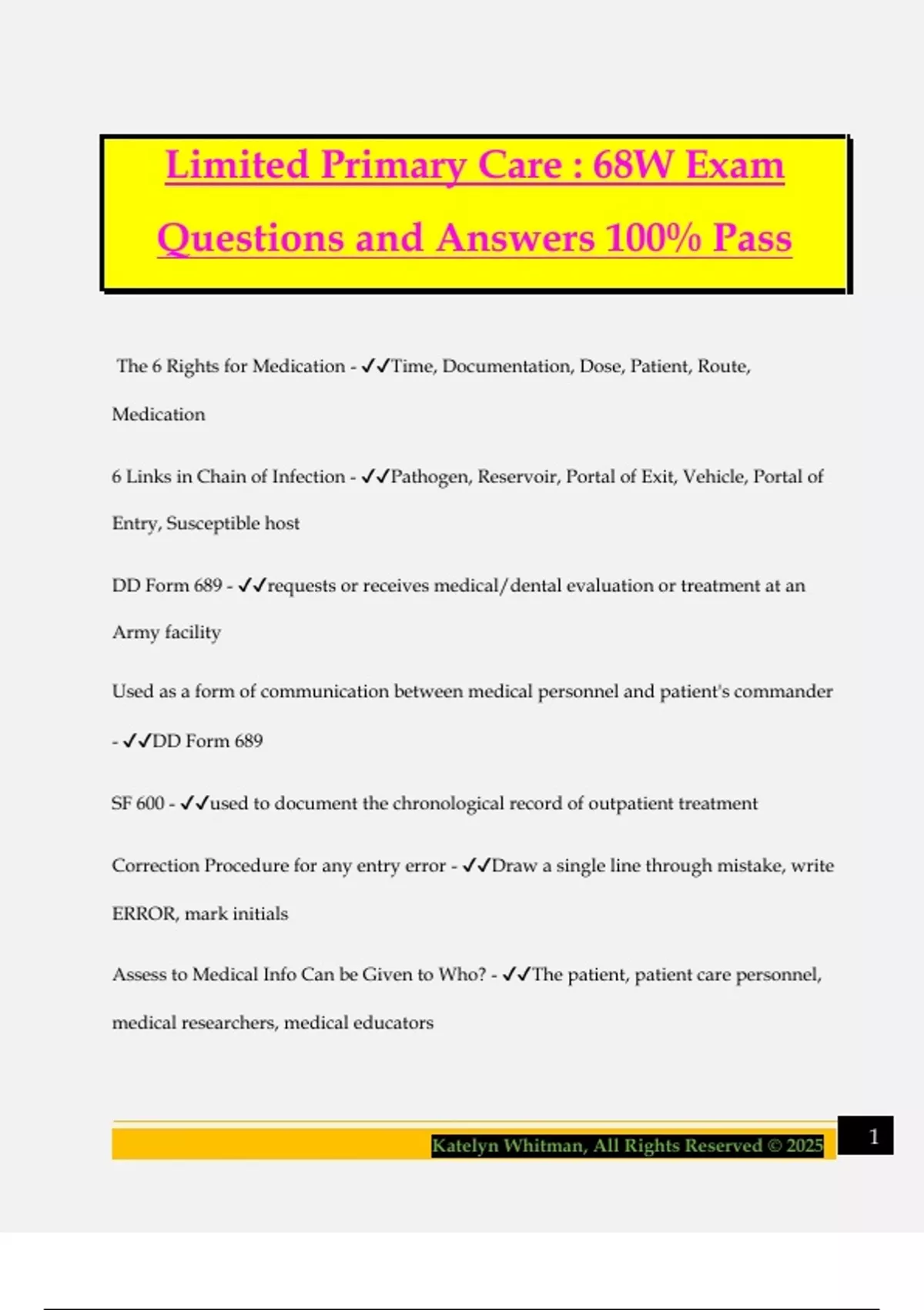 Limited Primary Care : 68W Exam Questions and Answers 100% Pass ...