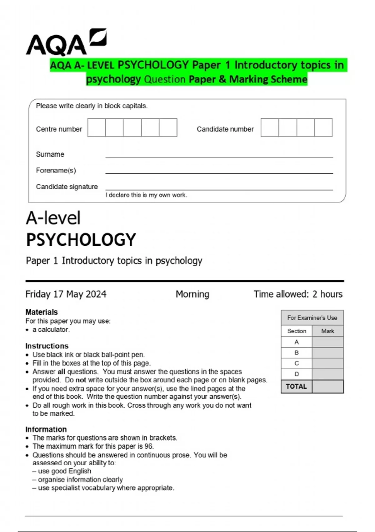 PACKAGE-::AQA A-level PSYCHOLOGY 2024-Complete Question Paper & Marking ...