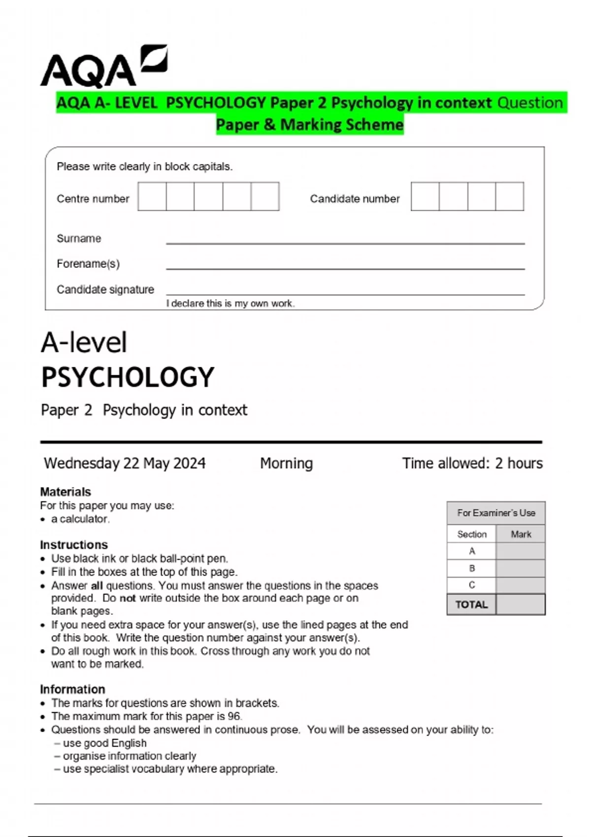 AQA A- LEVEL PSYCHOLOGY Paper 2 Psychology in context Question Paper ...