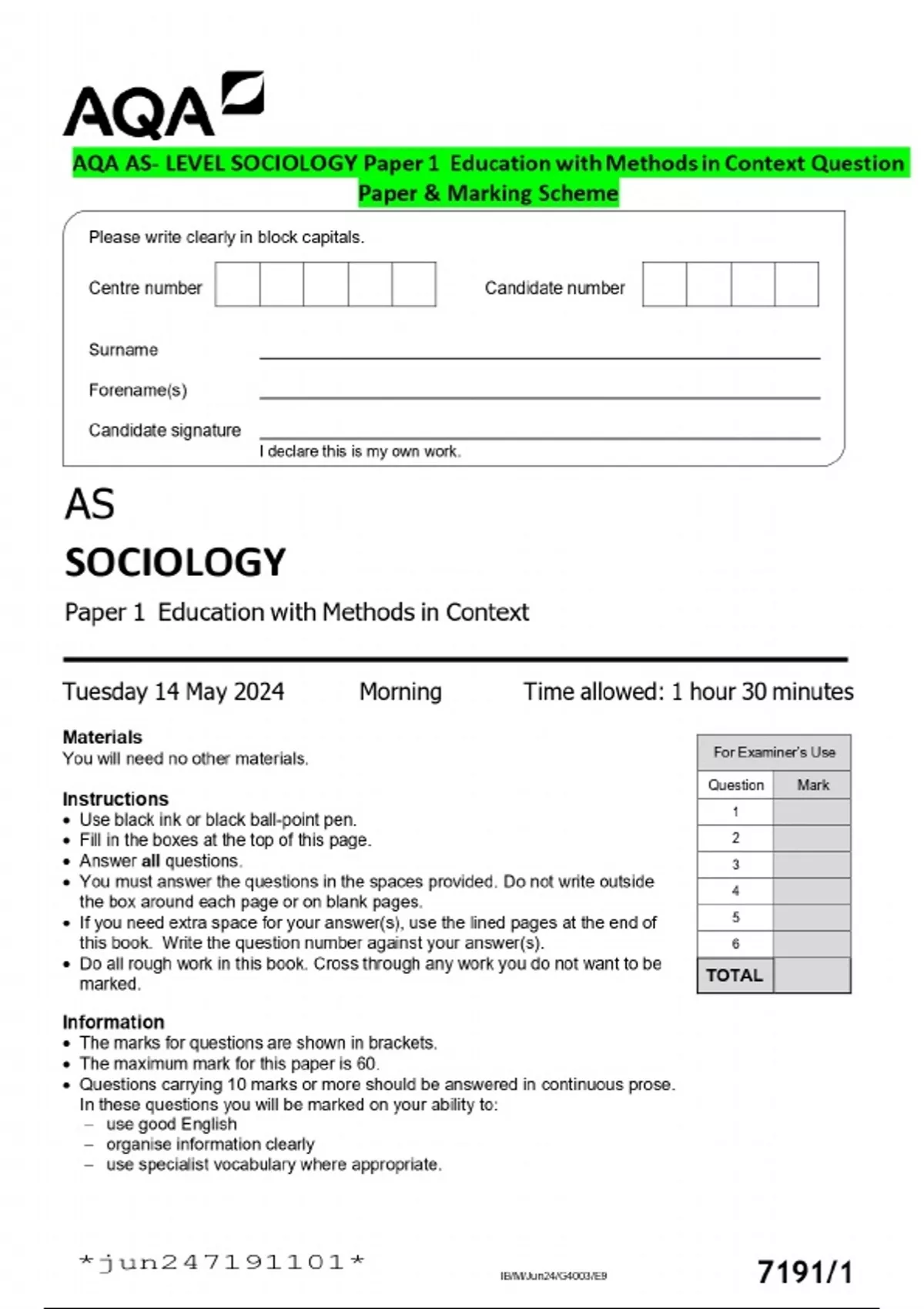 BUNDLE-::AQA AS- LEVEL SOCIOLOGY 2024 -Complete Question Paper ...
