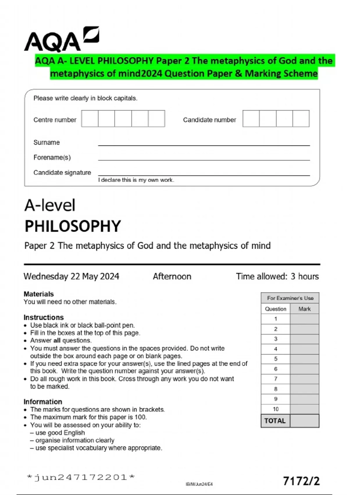 AQA A- LEVEL PHILOSOPHY Paper 2 The metaphysics of God and the ...