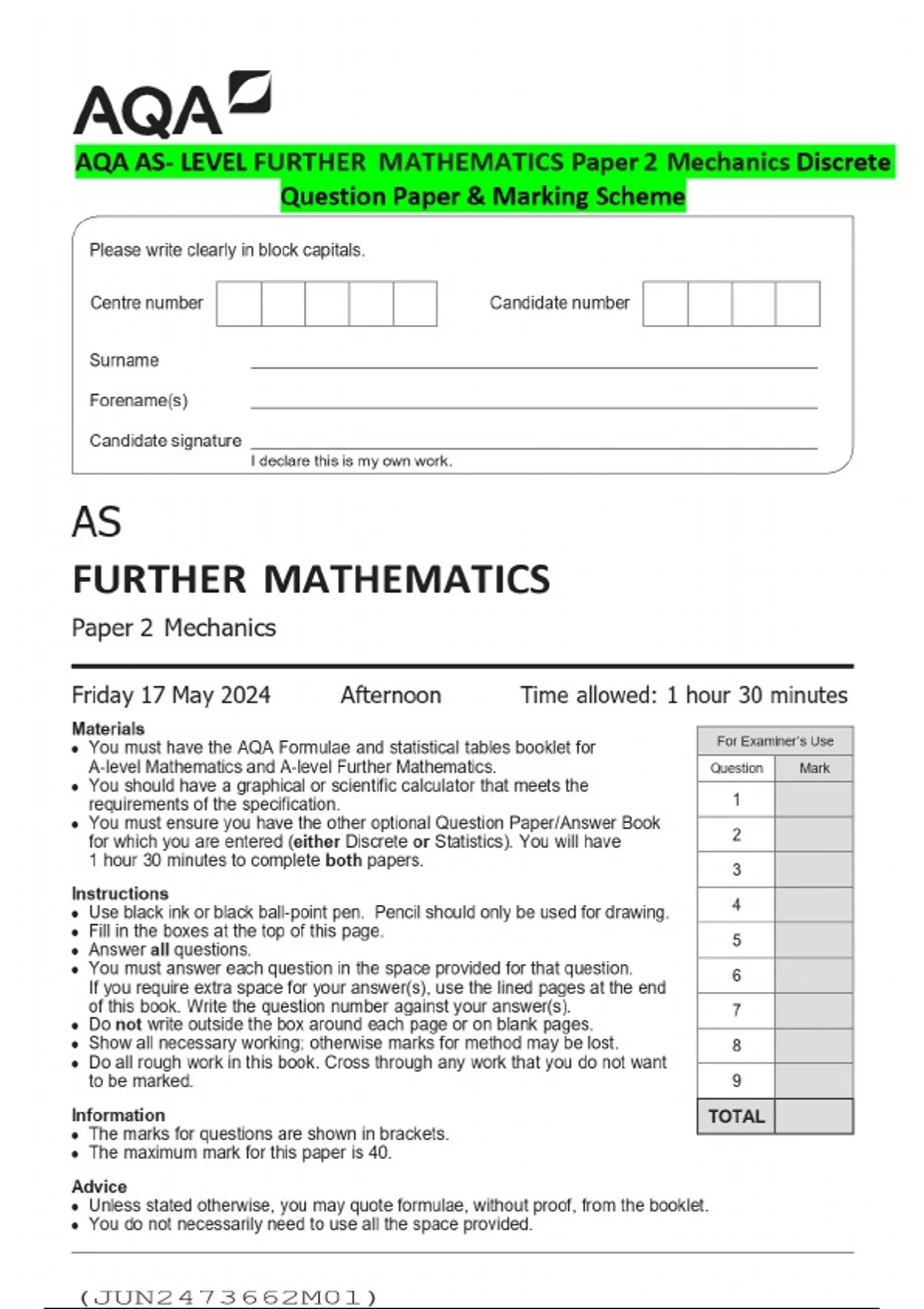 2024 AQA AS- LEVEL FURTHER MATHEMATICS Paper 2 Mechanics Discrete ...