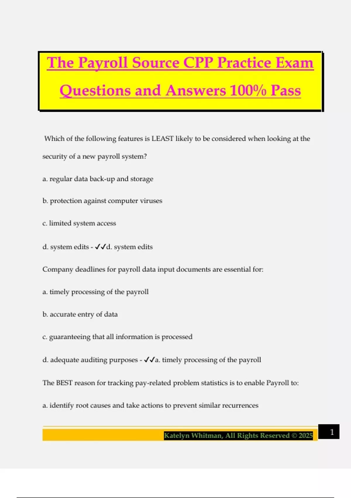 The Payroll Source CPP Practice Exam Questions and Answers 100% Pass - Payroll - Stuvia US