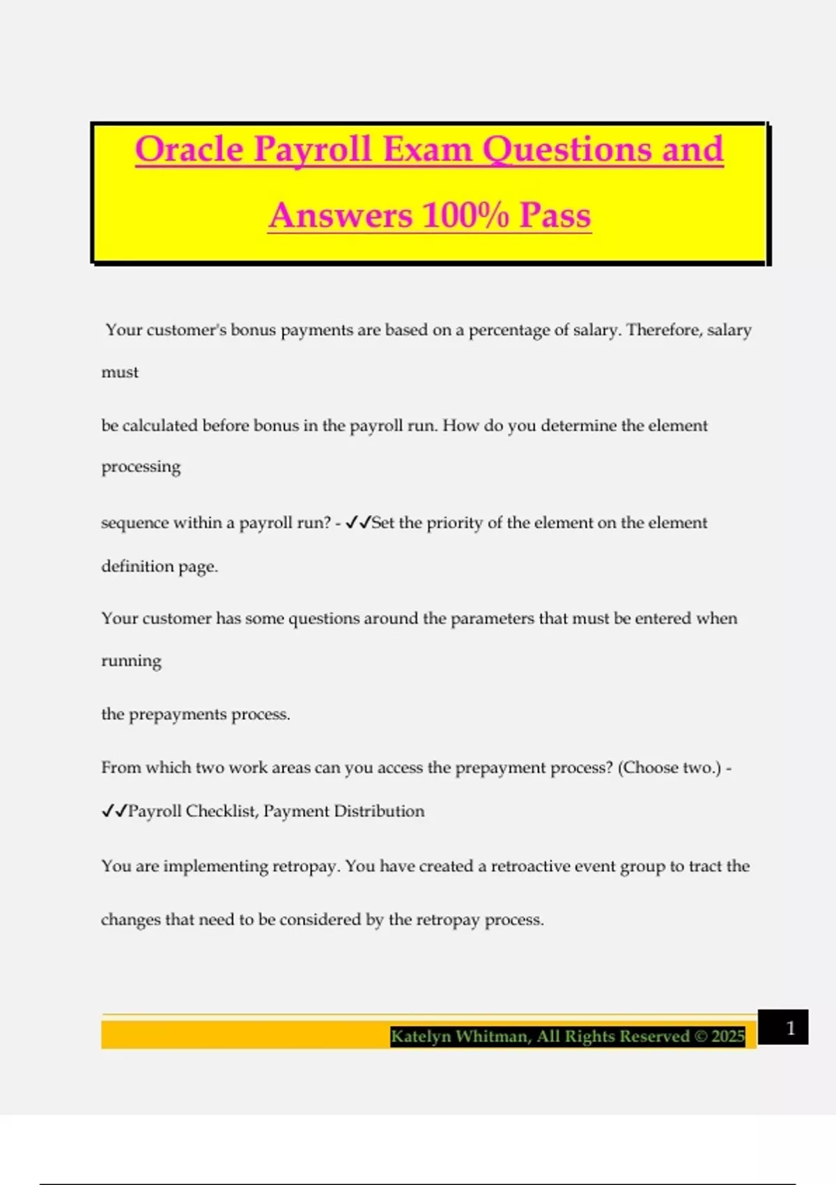 Oracle Payroll Exam Questions and Answers 100% Pass - Payroll - Stuvia US