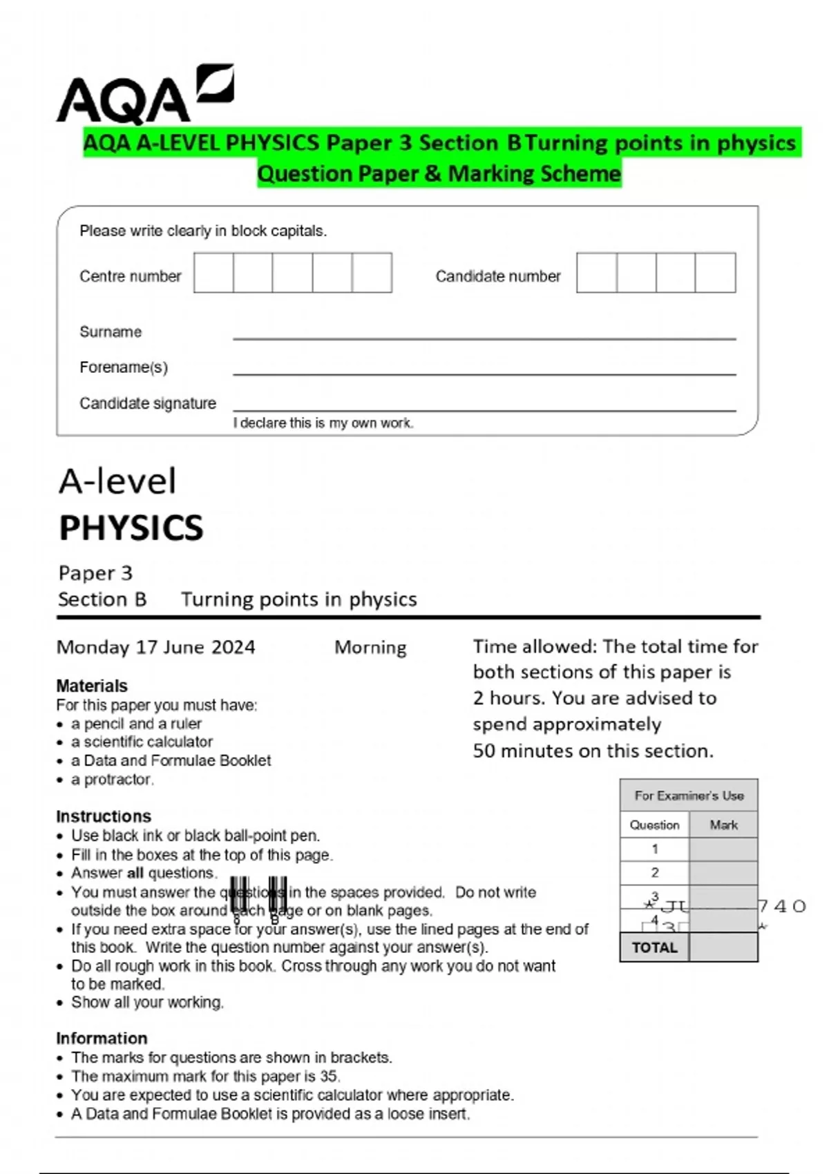 2024 AQA A-LEVEL PHYSICS Paper 3 Section B Turning points in physics ...