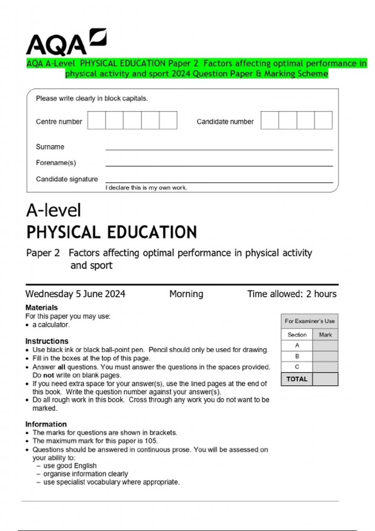 2024 AQA A-Level PHYSICAL EDUCATION Paper 2 Factors affecting optimal ...