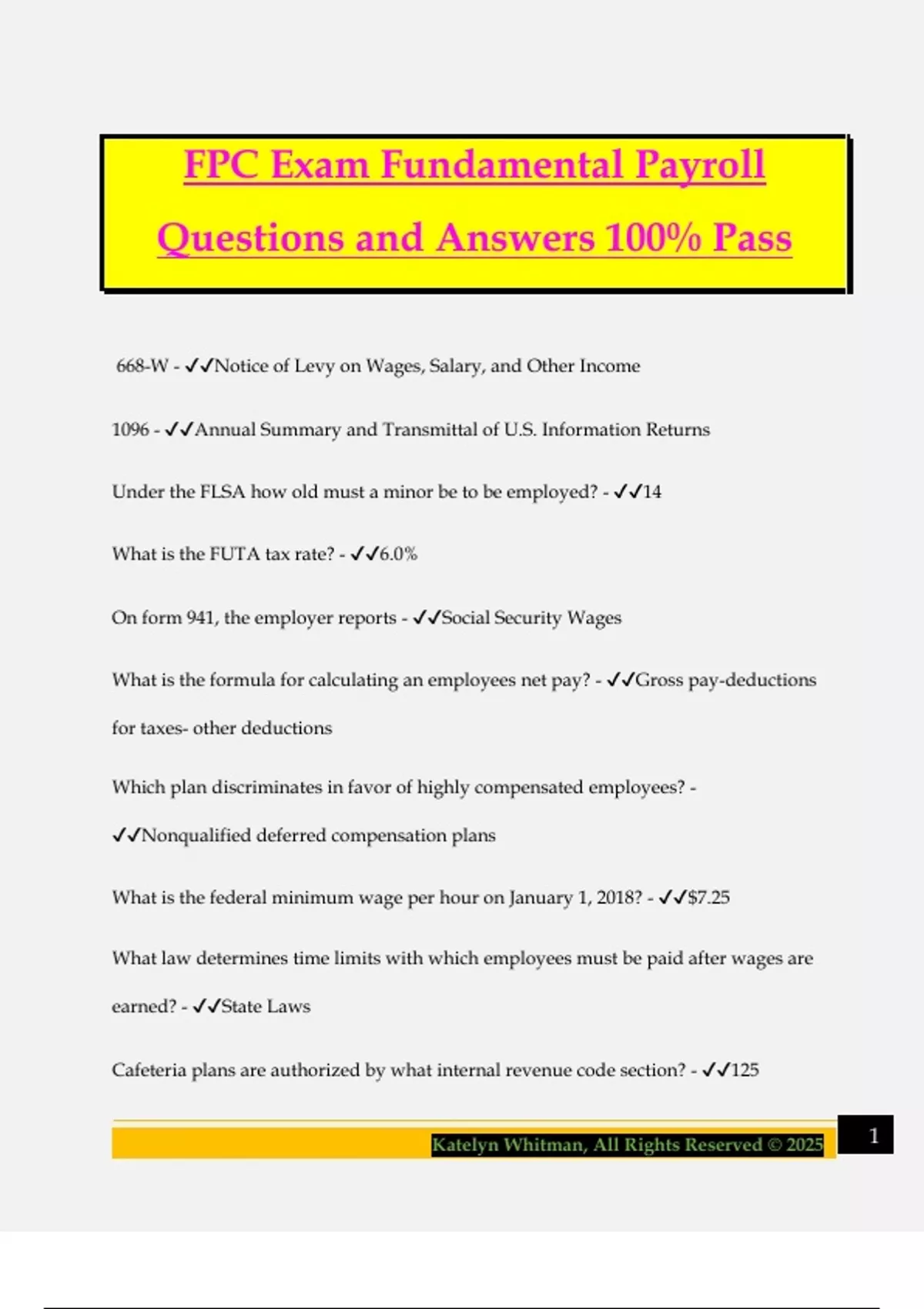 Fpc Exam Fundamental Payroll Questions And Answers 100 Pass Payroll Stuvia Us