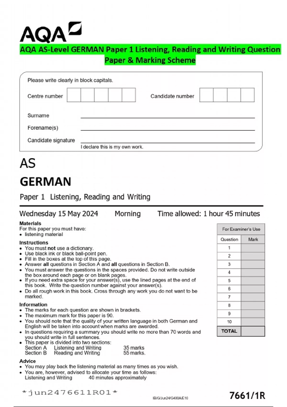 PACKAGE-:: AQA A-level GERMAN 2024- Complete Question Paper & Marking ...