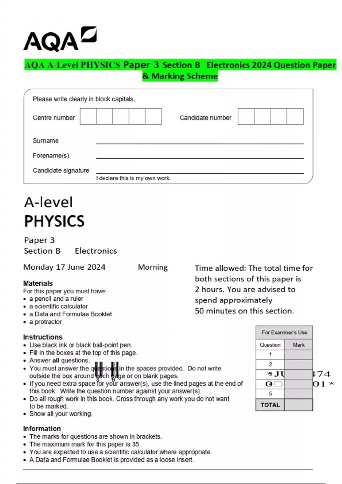 AQA A-Level PHYSICS Paper 3 Section B Electronics 2024 Question Paper & Marking Scheme - AQA AS ...