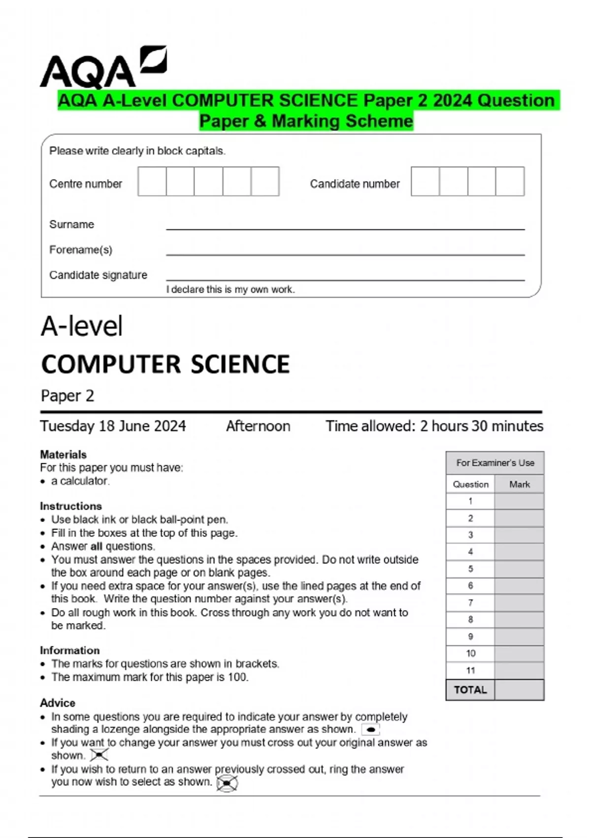Aqa A Level Computer Science Paper 2 2024 Question Paper And Marking Scheme Aqa As Level Aqa A