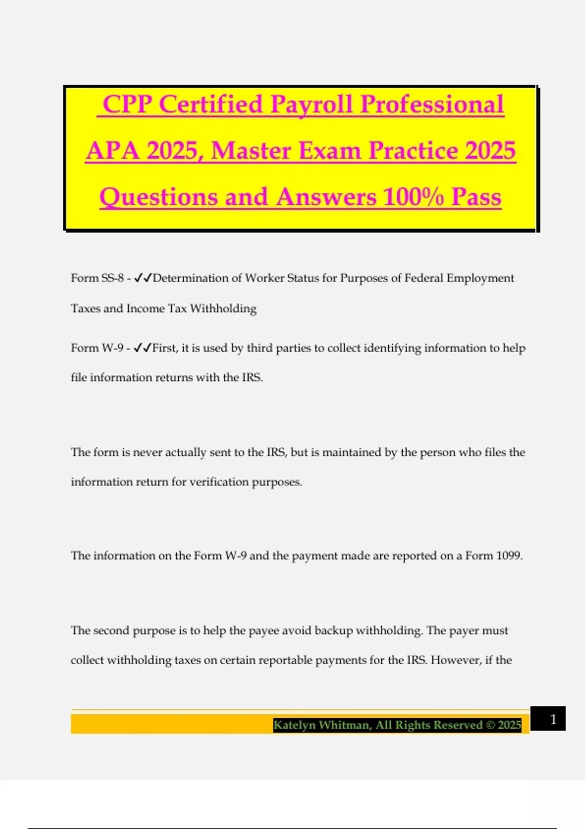 CPP Certified Payroll Professional APA 2025, Master Exam Practice 2025 Questions and Answers 100 ...