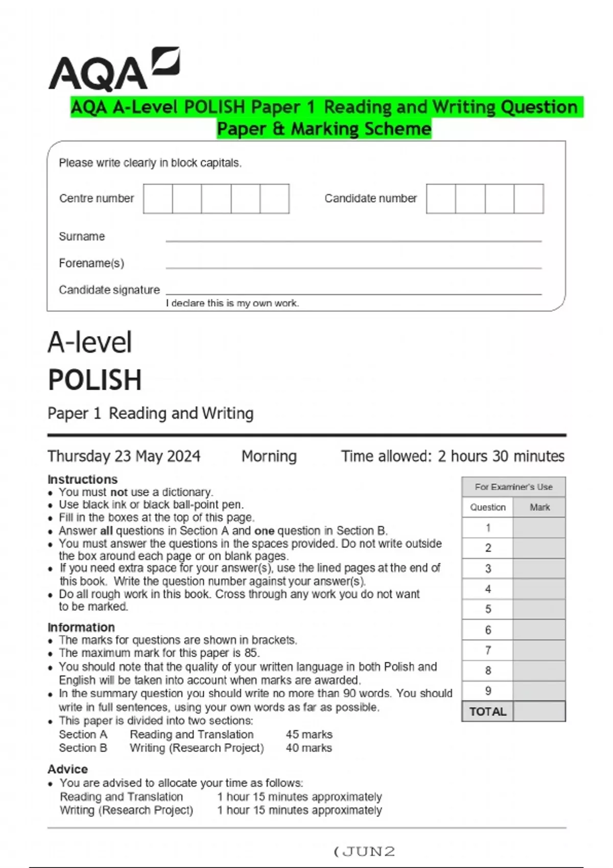 2024 AQA A-Level POLISH Paper 1 Reading and Writing Question Paper ...