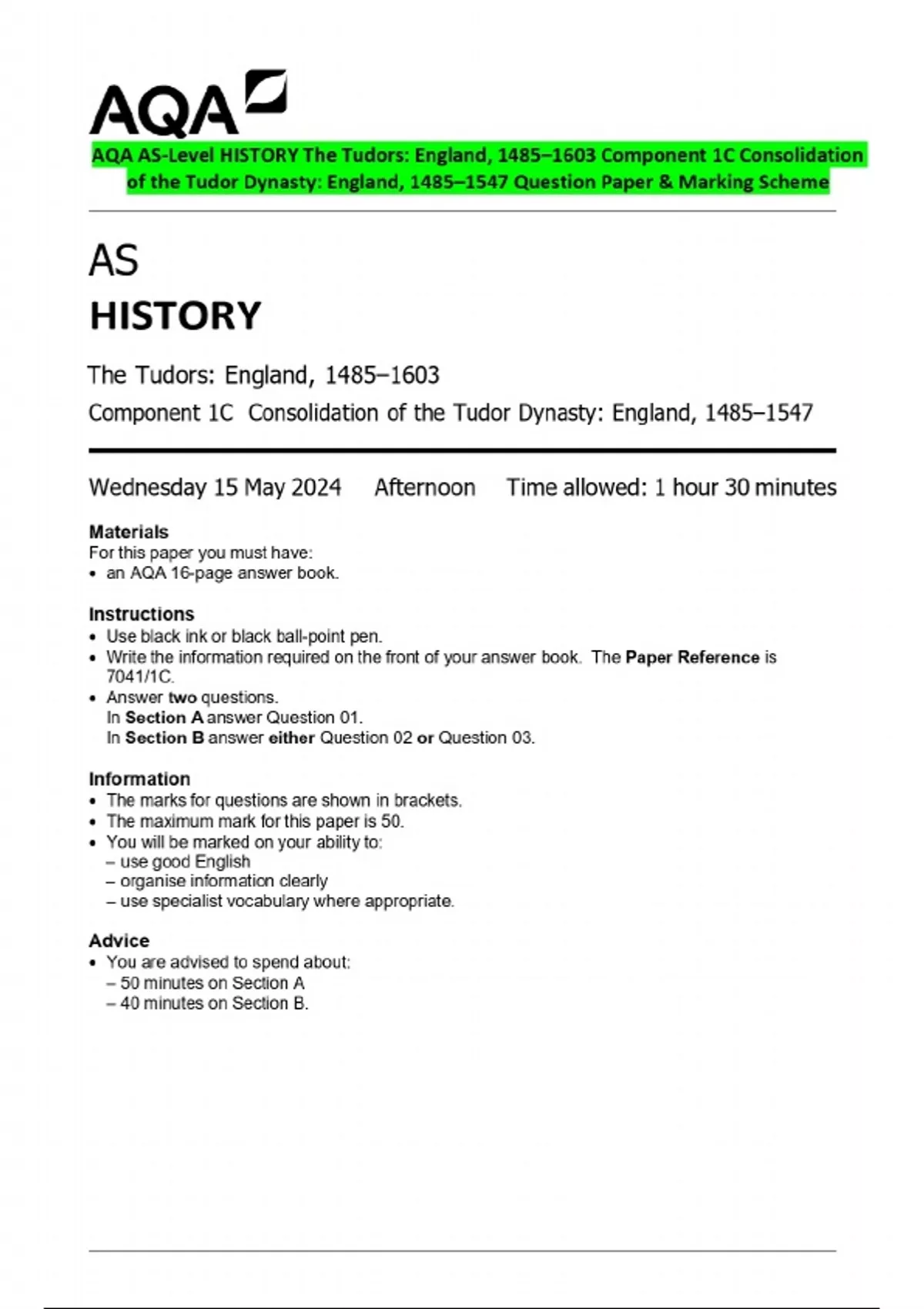 2024 AQA AS-Level HISTORY The Tudors: England, 1485–1603 Component 1C Consolidation of the Tudor ...