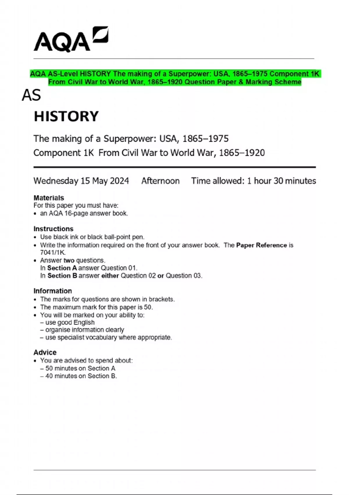 2024 AQA AS-Level HISTORY The making of a Superpower: USA, 1865–1975 ...