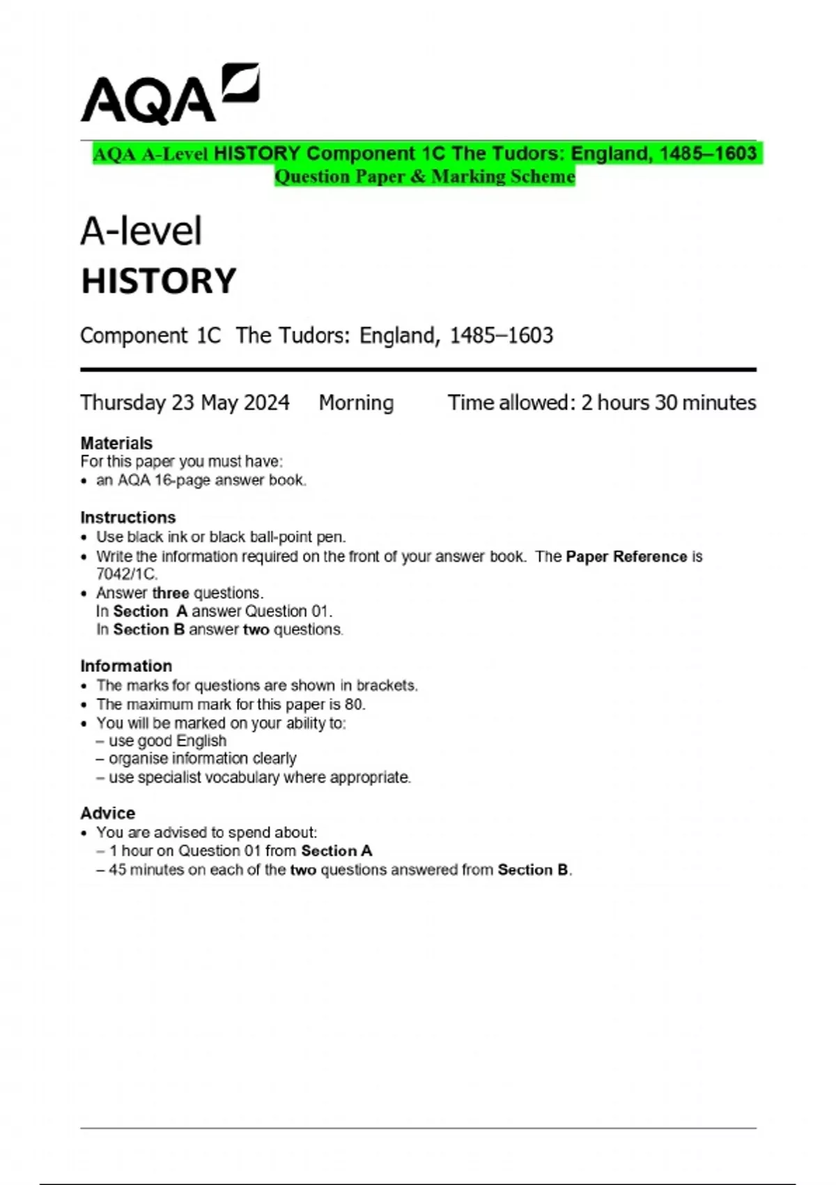 2024 AQA A-Level HISTORY Component 1C The Tudors: England, 1485–1603 ...