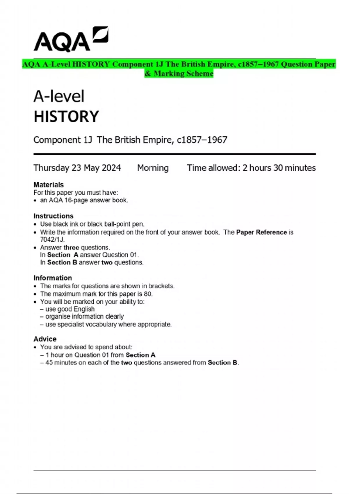 2024 AQA A-Level HISTORY Component 1J The British Empire, c1857–1967 ...