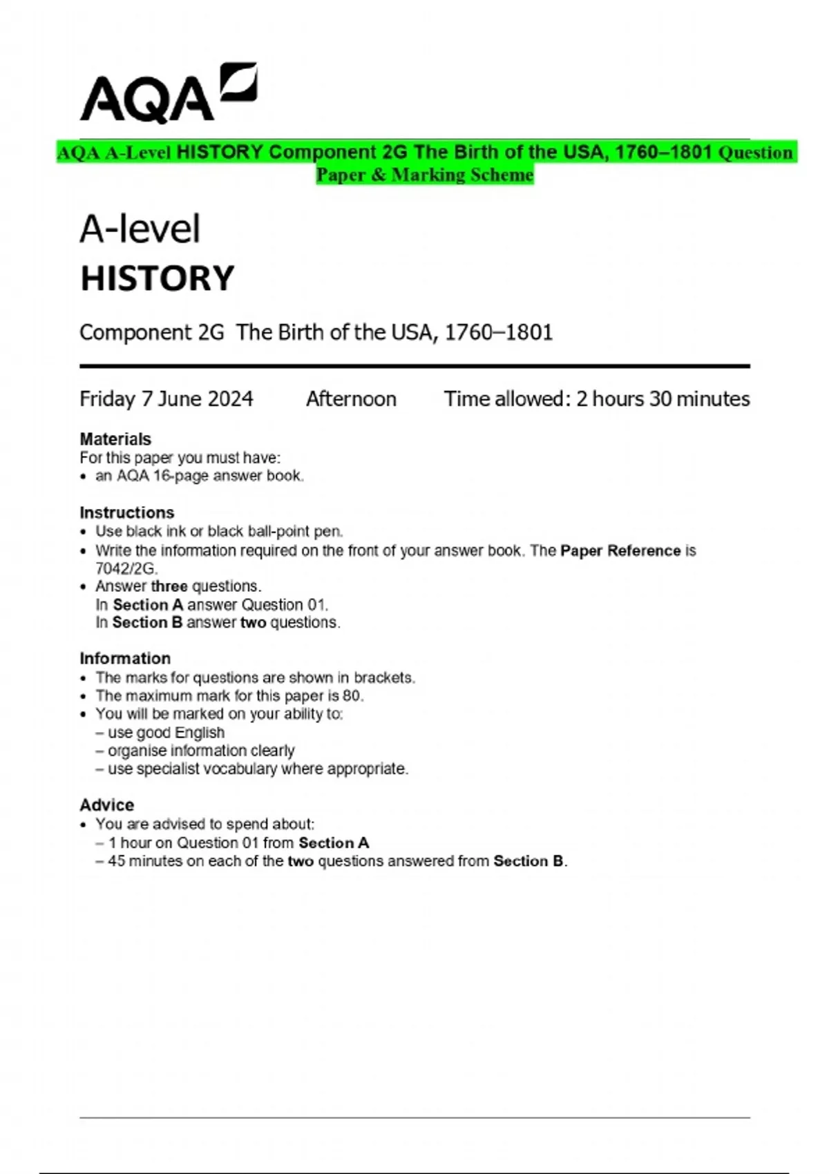 2024 AQA A-Level HISTORY Component 2G The Birth of the USA, 1760–1801 ...