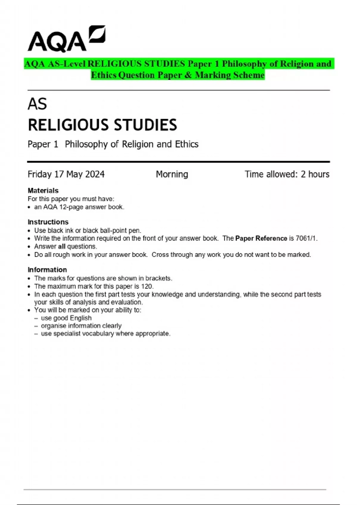 2024 AQA AS-Level RELIGIOUS STUDIES Paper 1 Philosophy of Religion and Ethics Question Paper ...