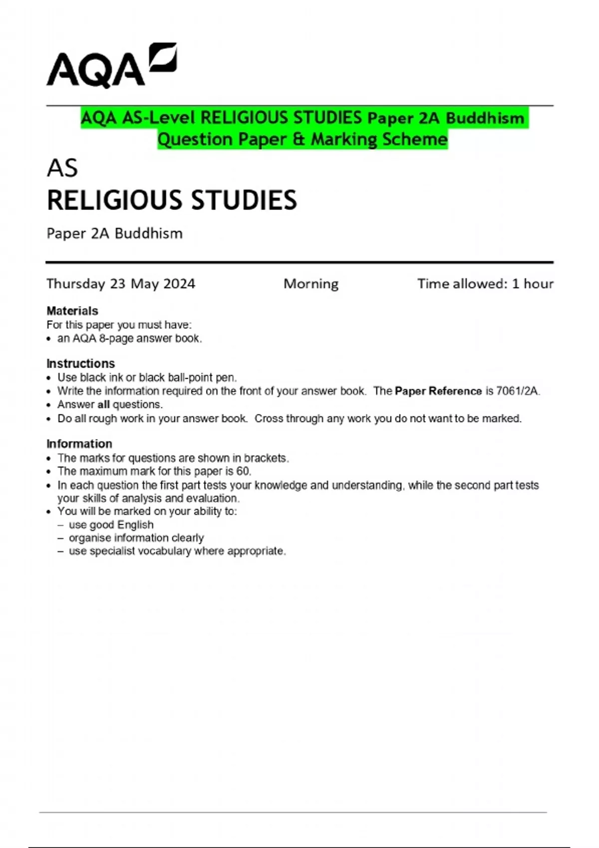 2024 AQA AS-Level RELIGIOUS STUDIES Paper 2A Buddhism Question Paper ...