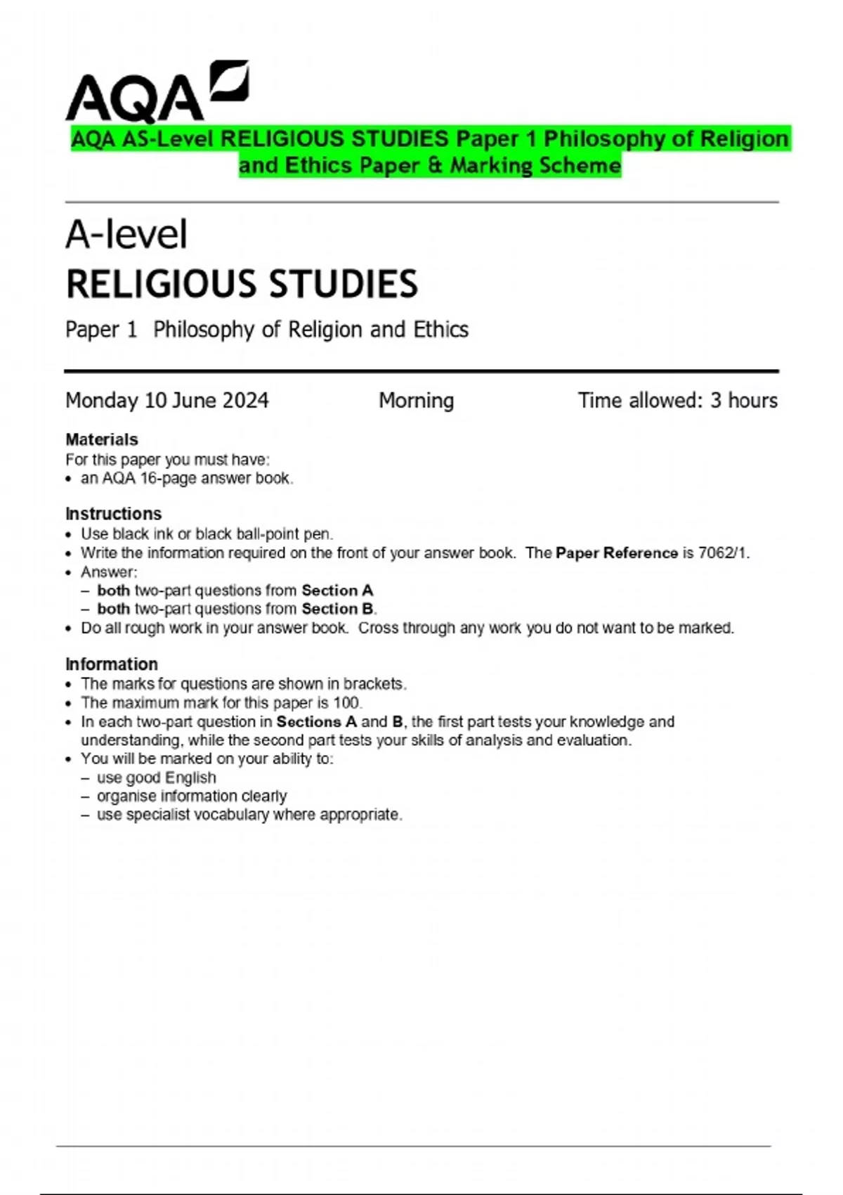 2024 AQA AS-Level RELIGIOUS STUDIES Paper 1 Philosophy of Religion and ...