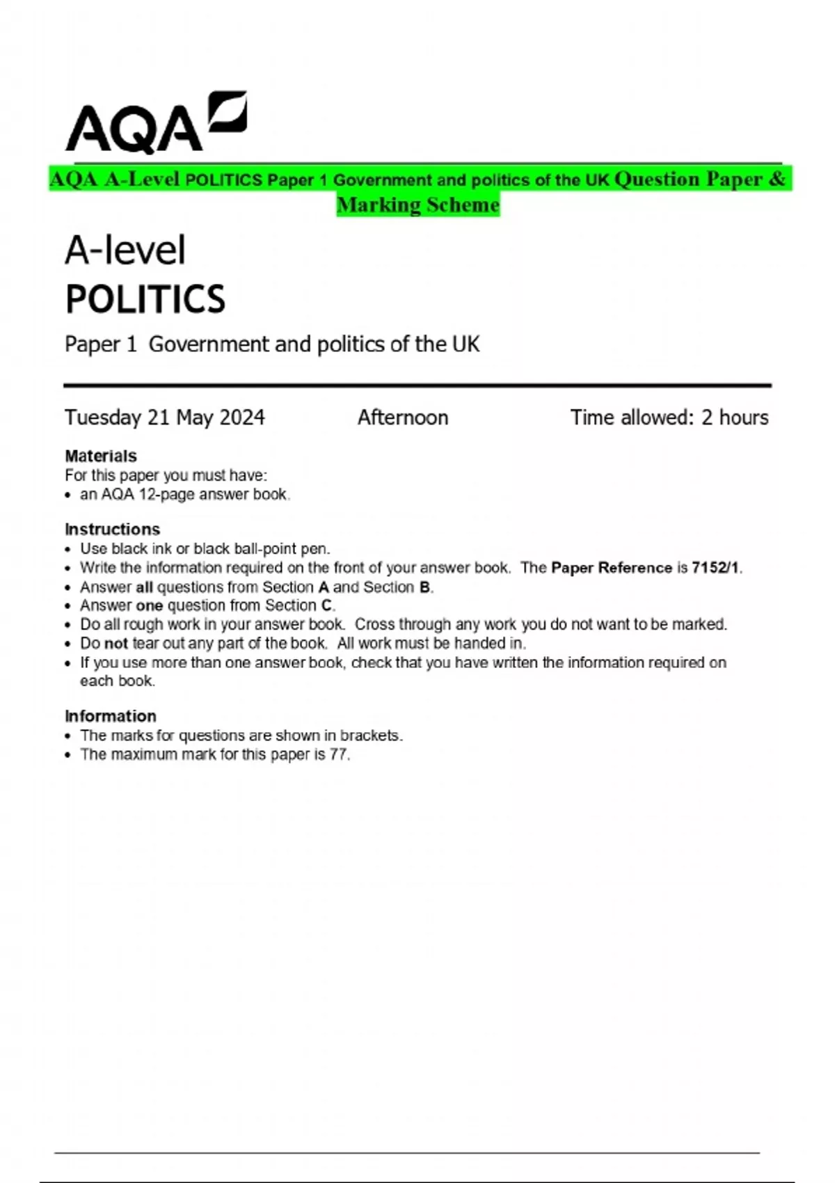 PACKAGE -::AQA A-level POLITICS 2024-Complete Question Paper & Marking ...