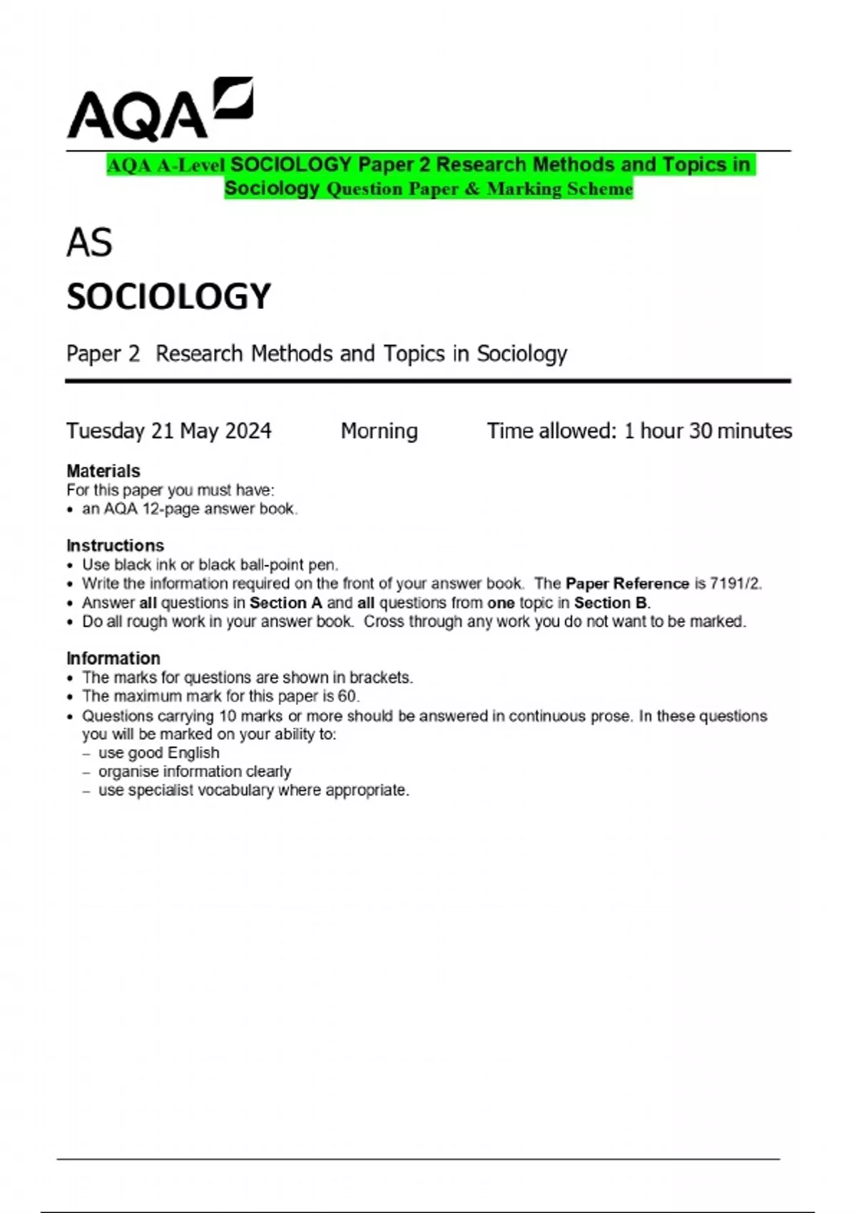 BUNDLE-::A-Level SOCIOLOGY 2024- Complete Question Paper & Marking ...