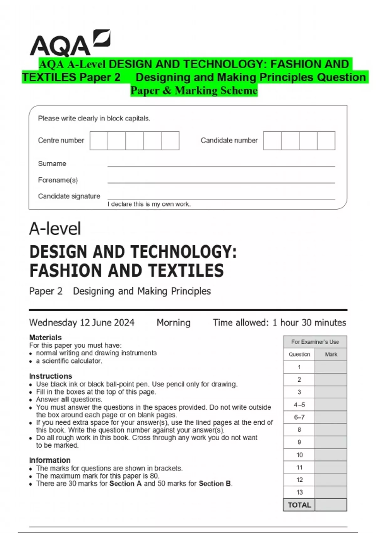 2024 AQA A-Level DESIGN AND TECHNOLOGY: FASHION AND TEXTILES Paper 2 ...